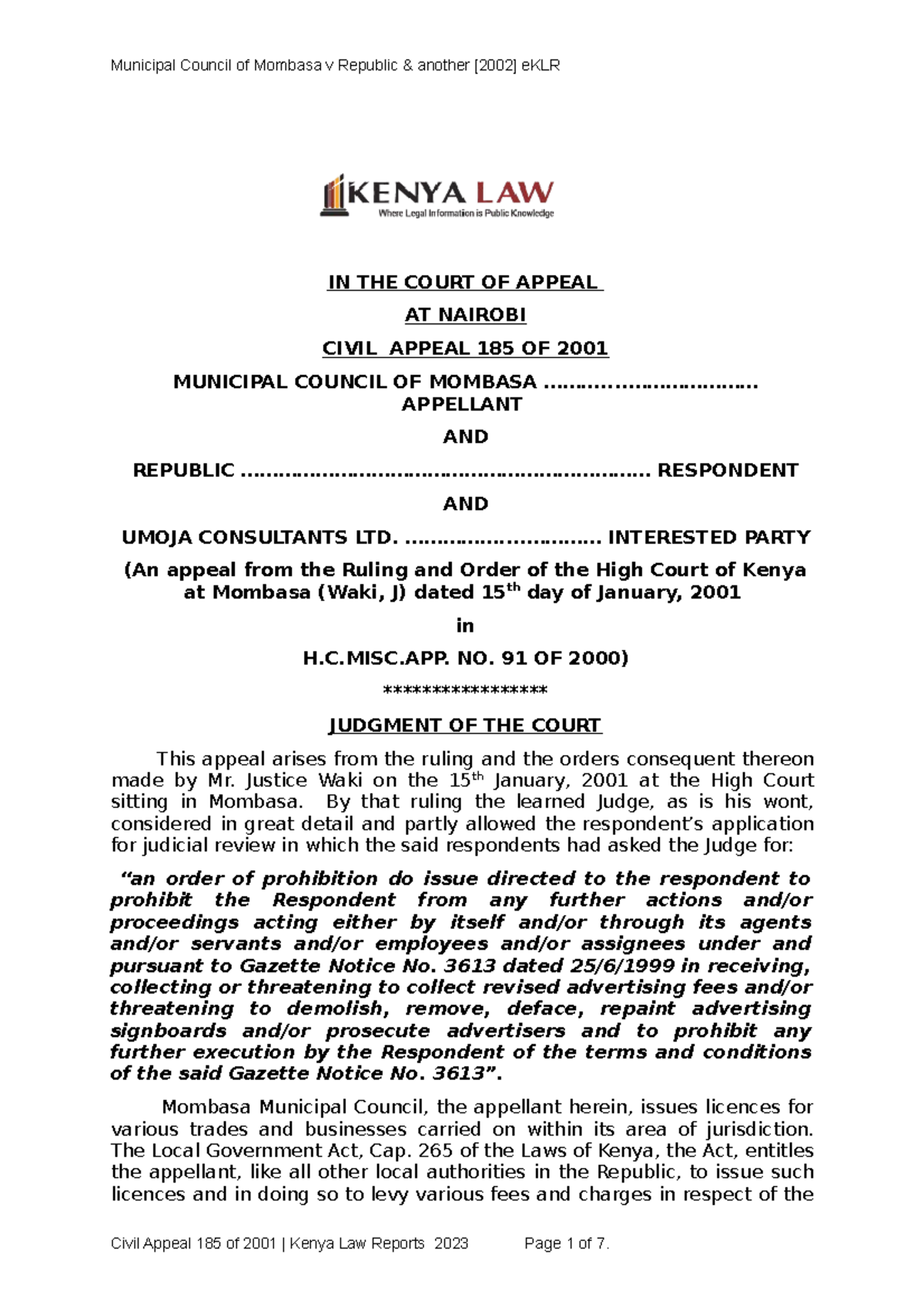 Civil Appeal 185 of 2001 - IN THE COURT OF APPEAL AT NAIROBI CIVIL ...