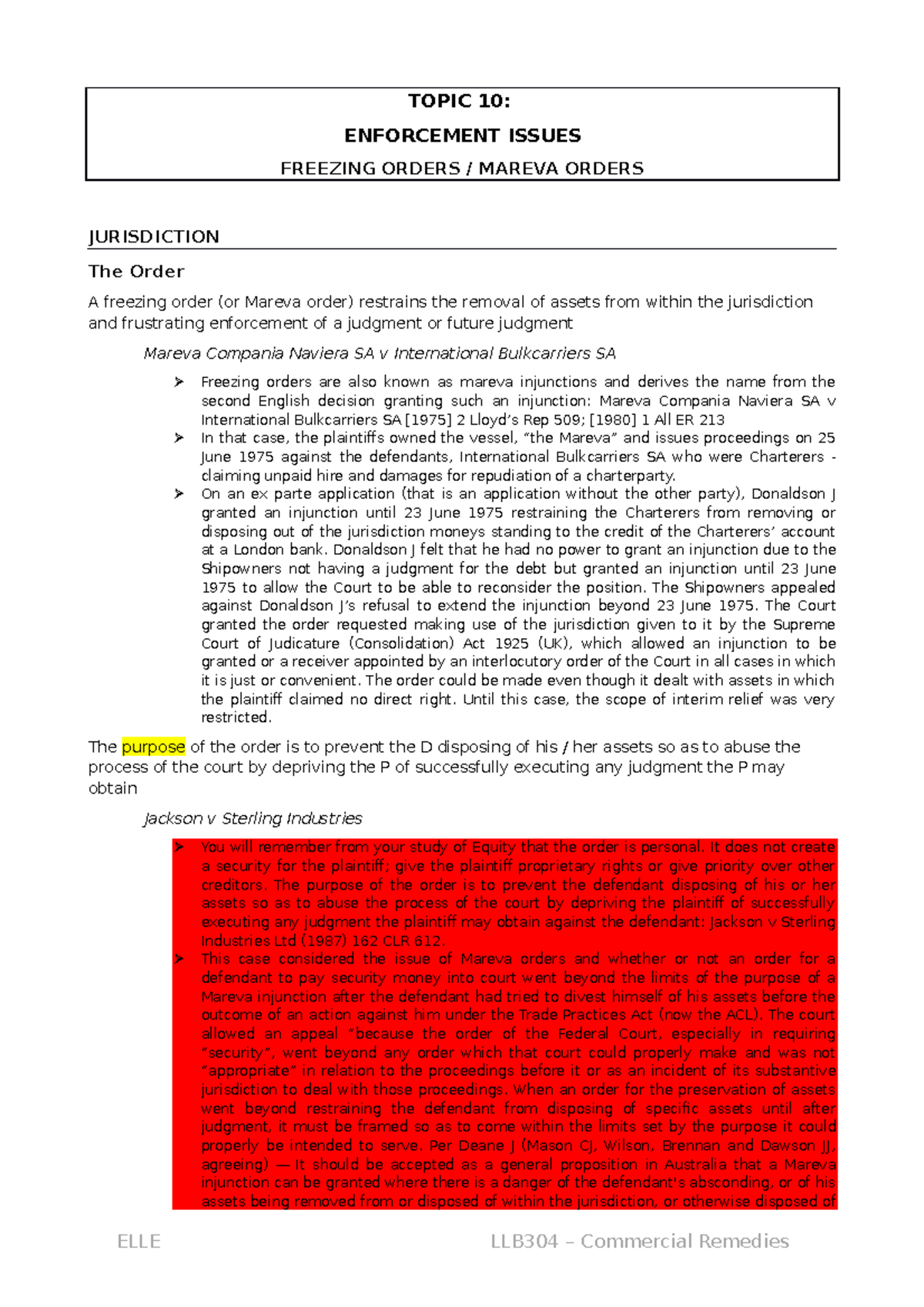 Topic 10 - Enforcement issues - TOPIC 10: ENFORCEMENT ISSUES FREEZING ...