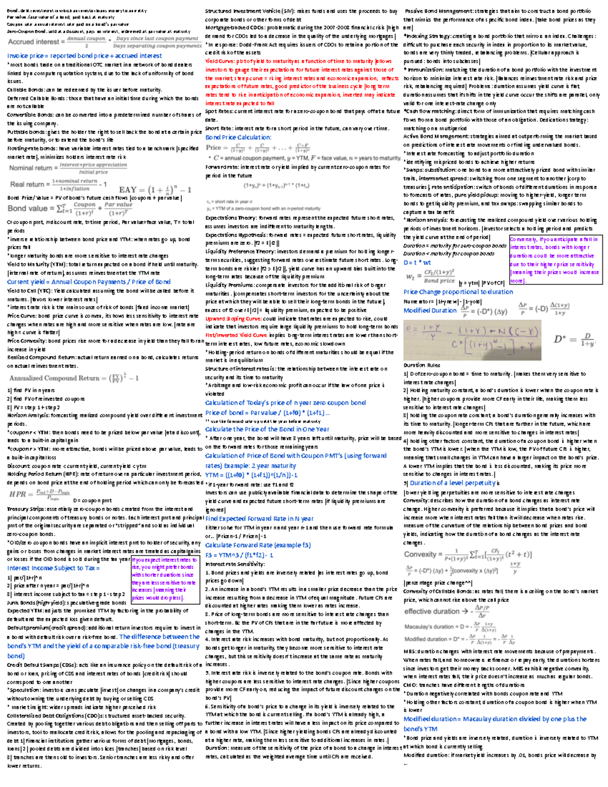 Exam 3 Cheat Sheet - Bond: debt investment in which an investor loans money to an entity Par ...