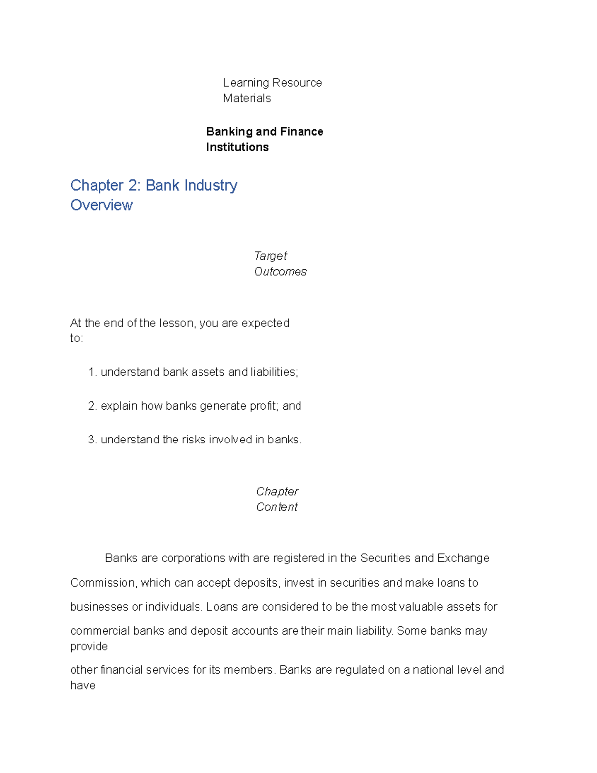 Chapter 2 Bank Industry Overview - Learning Resource Materials Banking ...