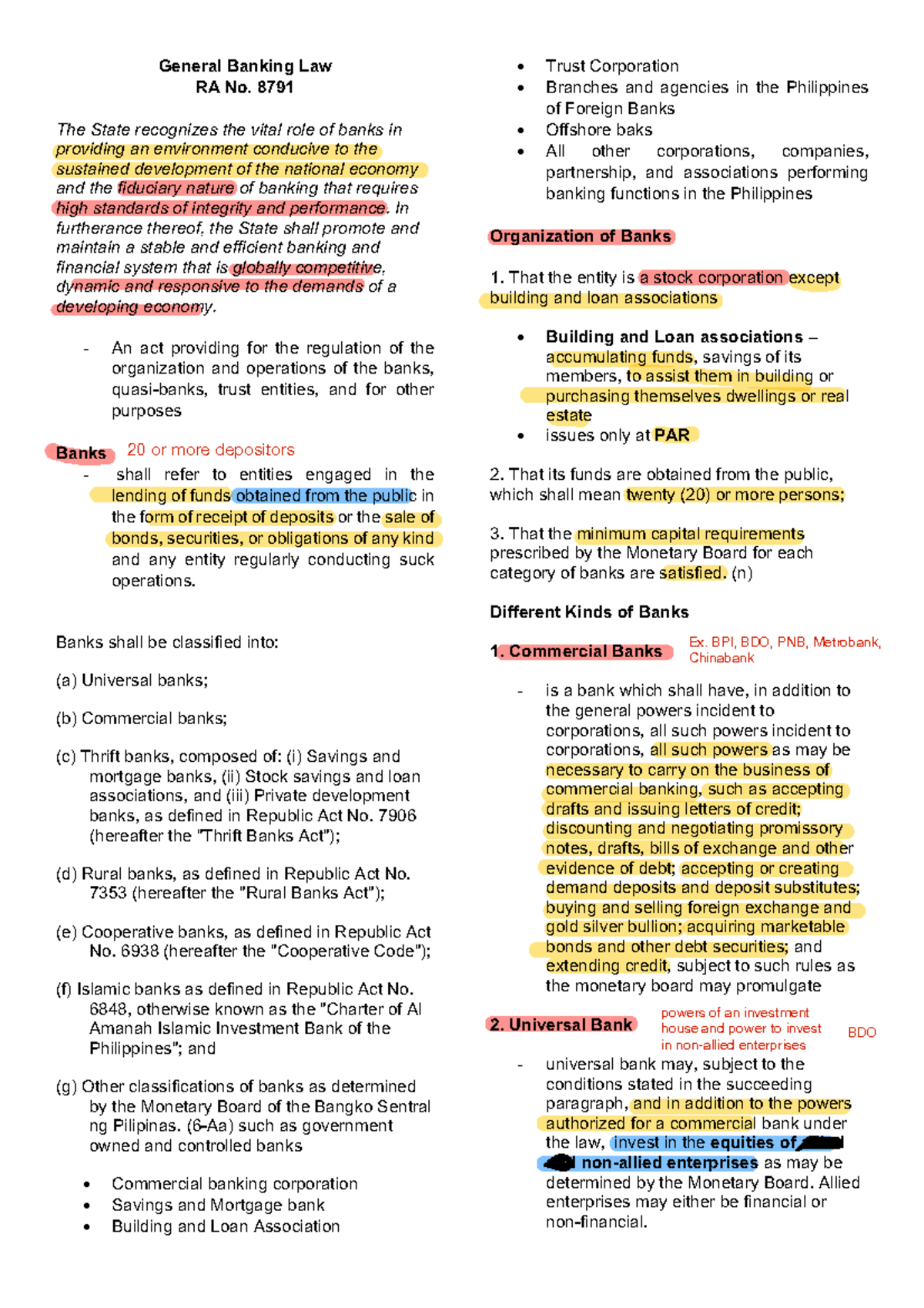 GBL NCBA PDIC Secracy Annotated - General Banking Law RA No. 8791 The ...