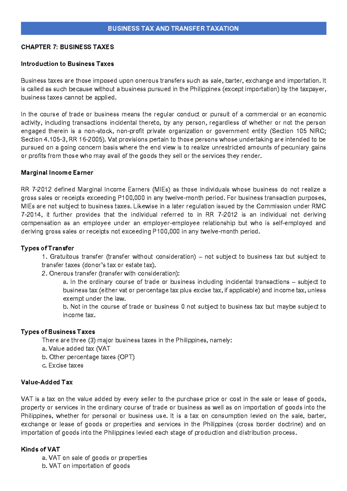 Chapter 7 Business Taxes - BUSINESS TAX AND TRANSFER TAXATION CHAPTER 7 ...