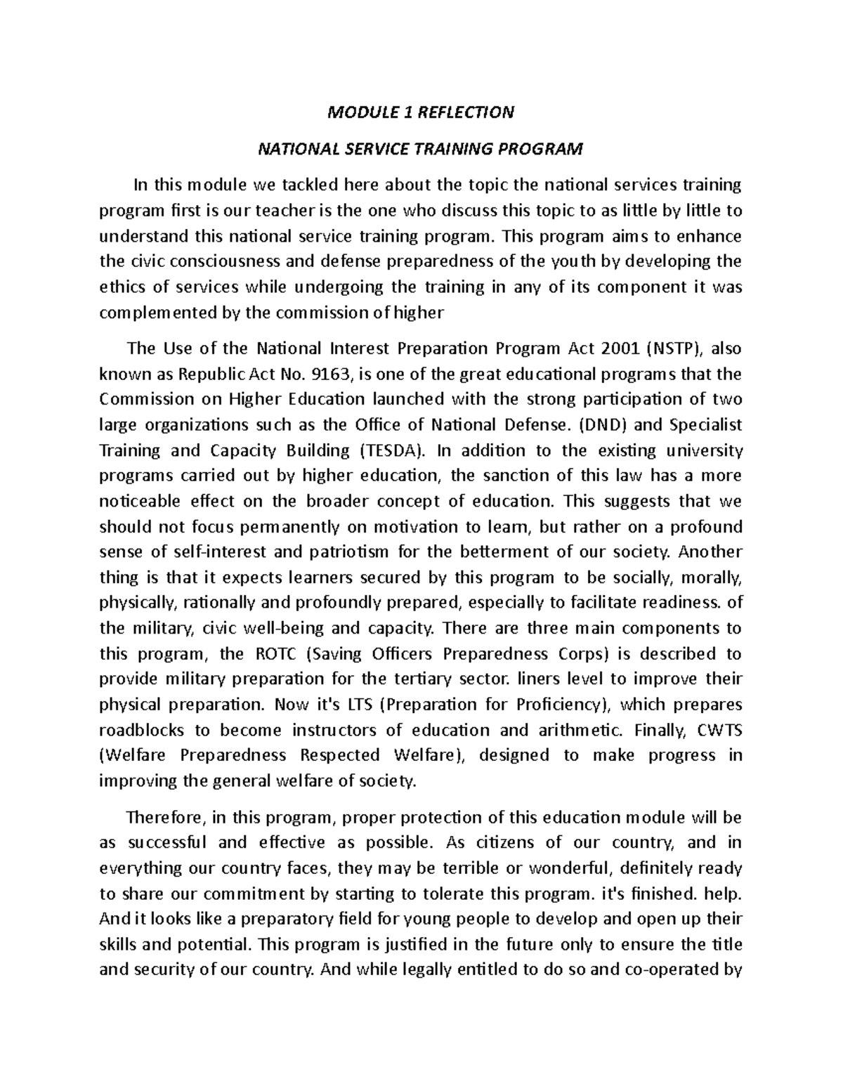 Module 1 Reflection THE NATIONAL TRAINING PROGRAM - MODULE 1 REFLECTION ...