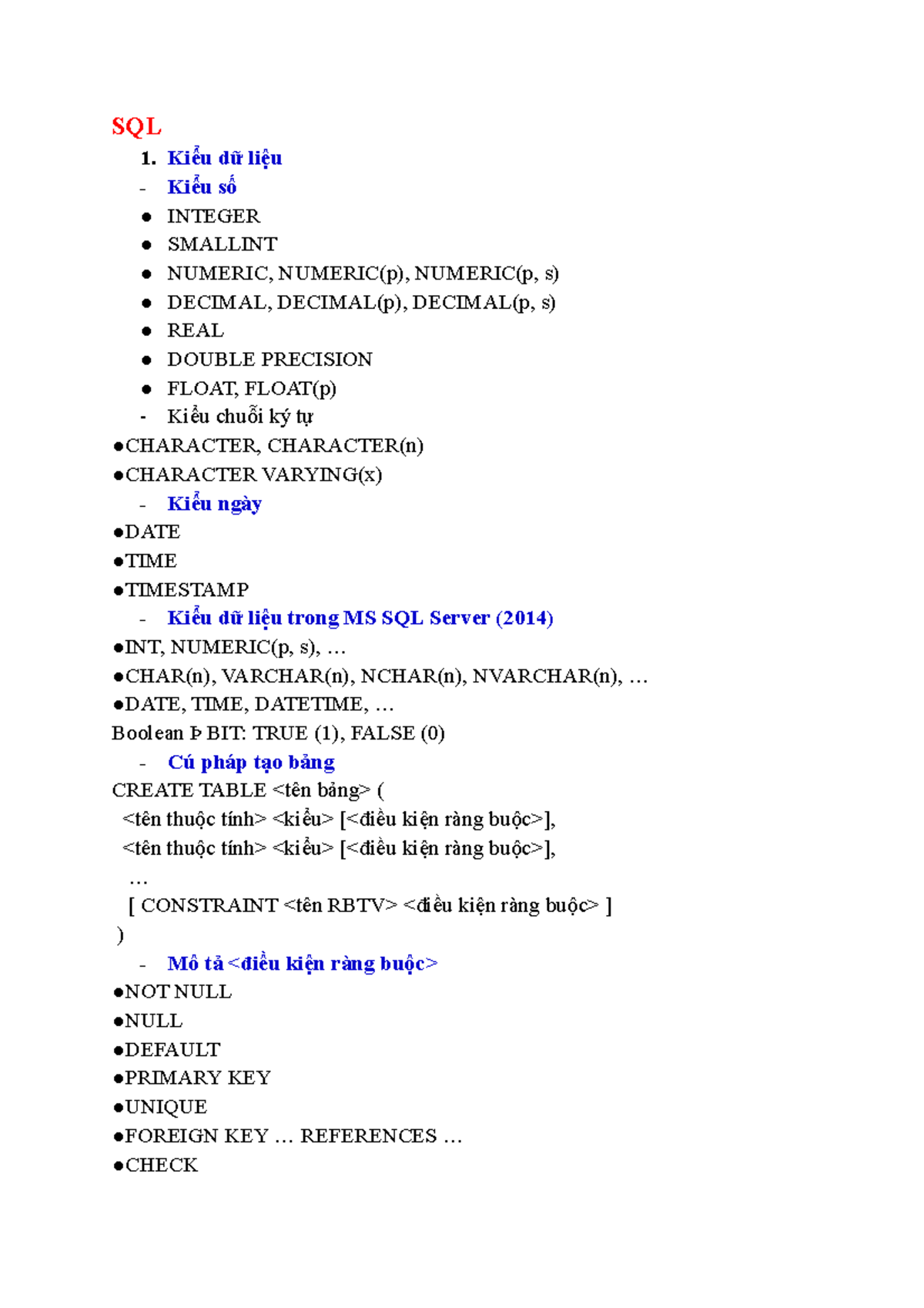 CƠ SỞ DỮ LIỆU - cơ sở dữ liệu note phần 1 - SQL 1. Kiểu dữ liệu - Kiểu ...