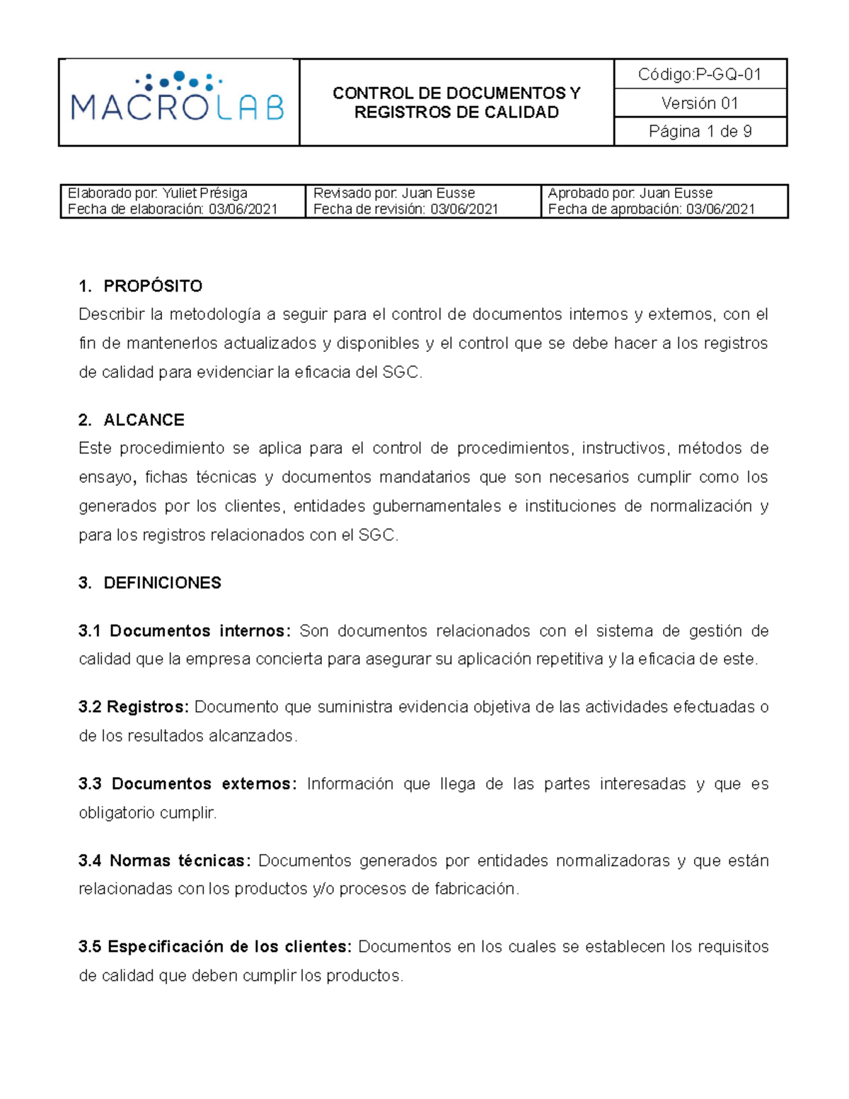 P-GQ-01 Control de documentos y registros de calidad - CONTROL DE ...