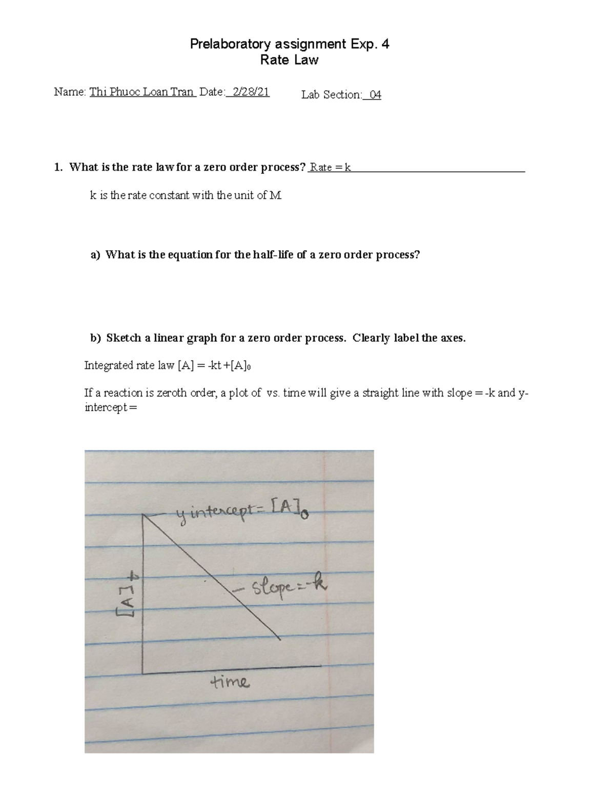Rate Law prelab - Rate Law Name: Thi Phuoc Loan Tran Date: 2/28/21 Lab ...