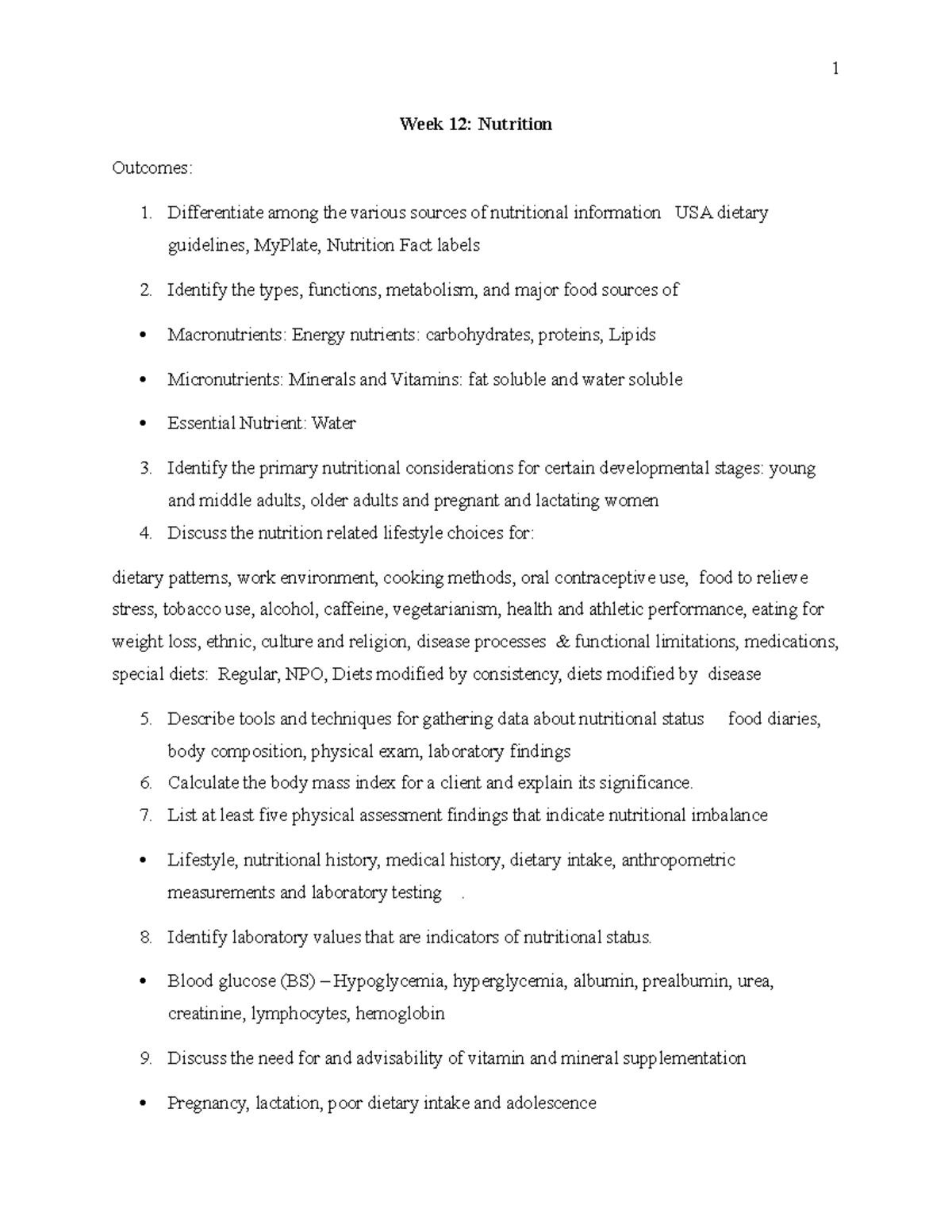 Week 12 Nutrition - Lecture notes - Week 12: Nutrition Outcomes ...