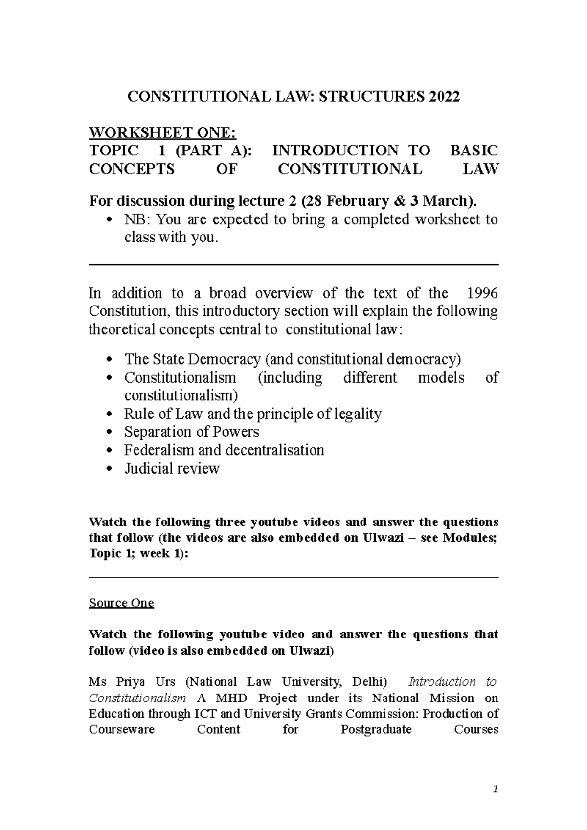 Worksheet 1 - Topic 1, Part A Constitutionalism (2023) - CONSTITUTIONAL ...