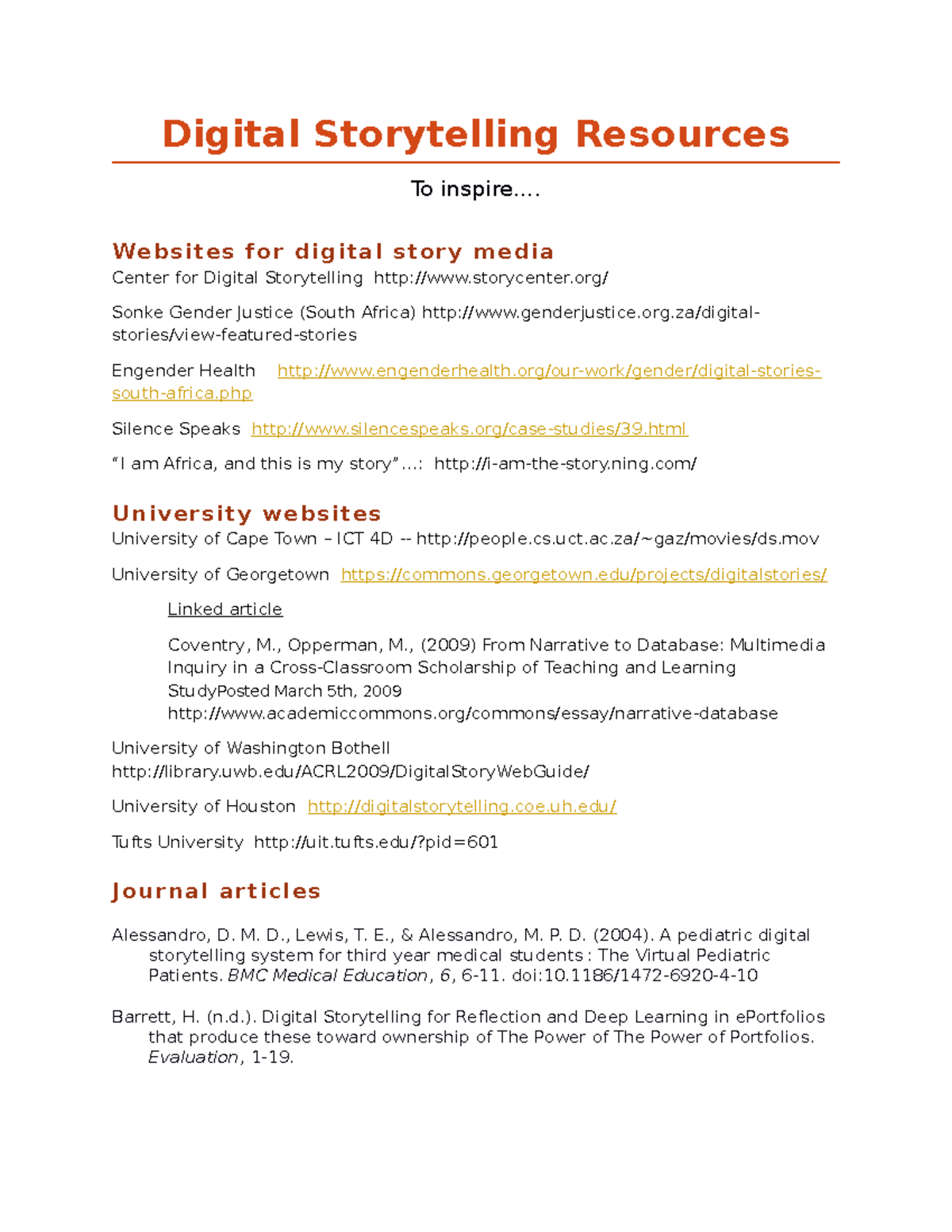 Digital Storytelling Resources - ... Websites for digital story media ...