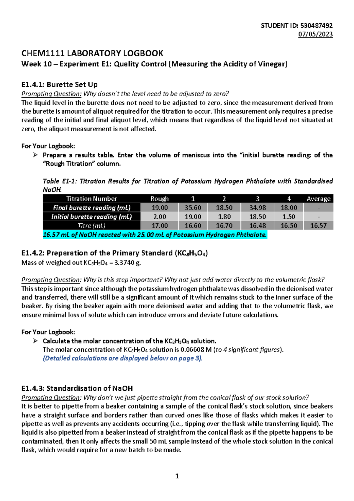 Experiment 1 Logbook - 07/05/ CHEM1111 LABORATORY LOGBOOK Week 10 – Experiment E1: Quality ...