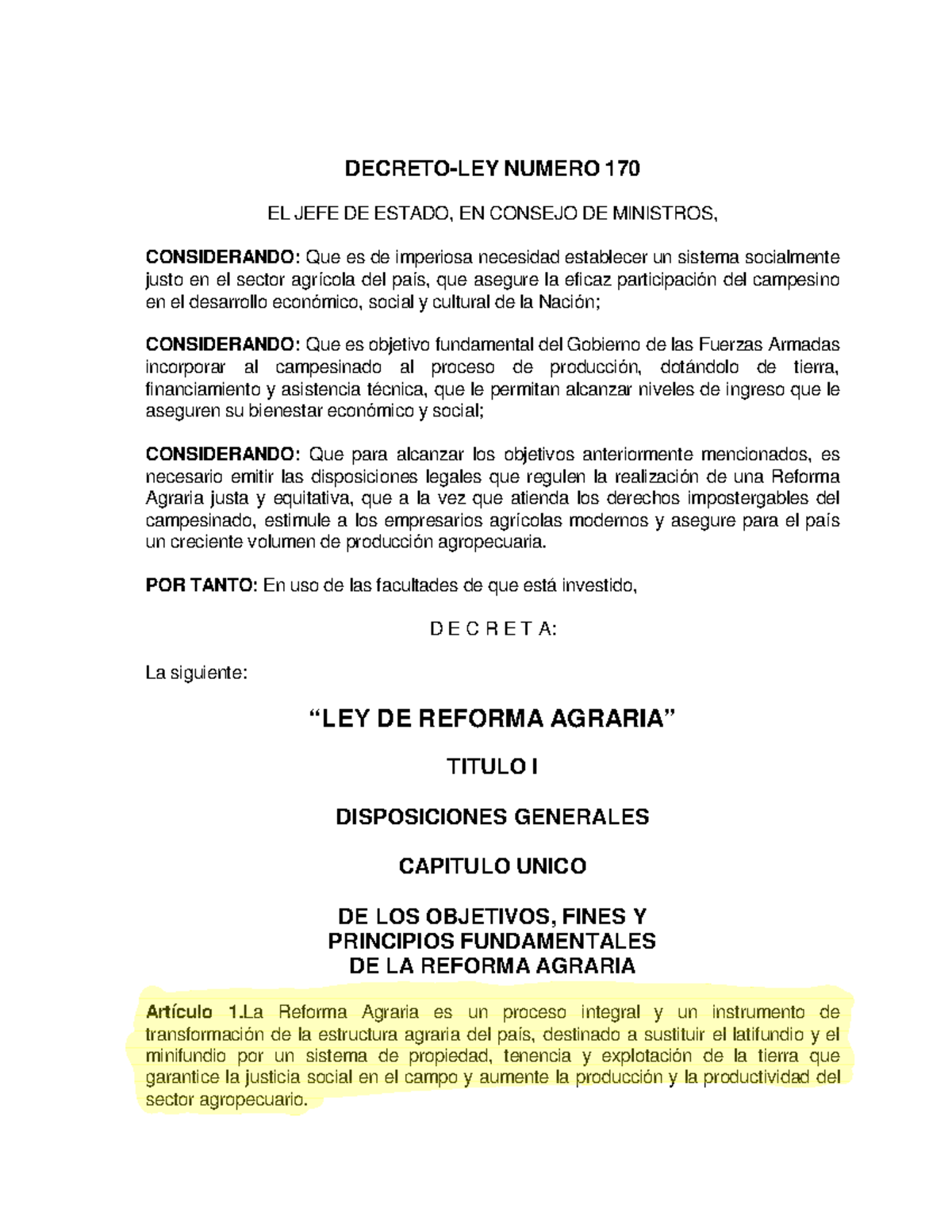 Ley de Reforma Agraria ( Decreto- Ley 170-1985) - DECRETO-LEY NUMERO 170 EL JEFE DE ESTADO, EN ...