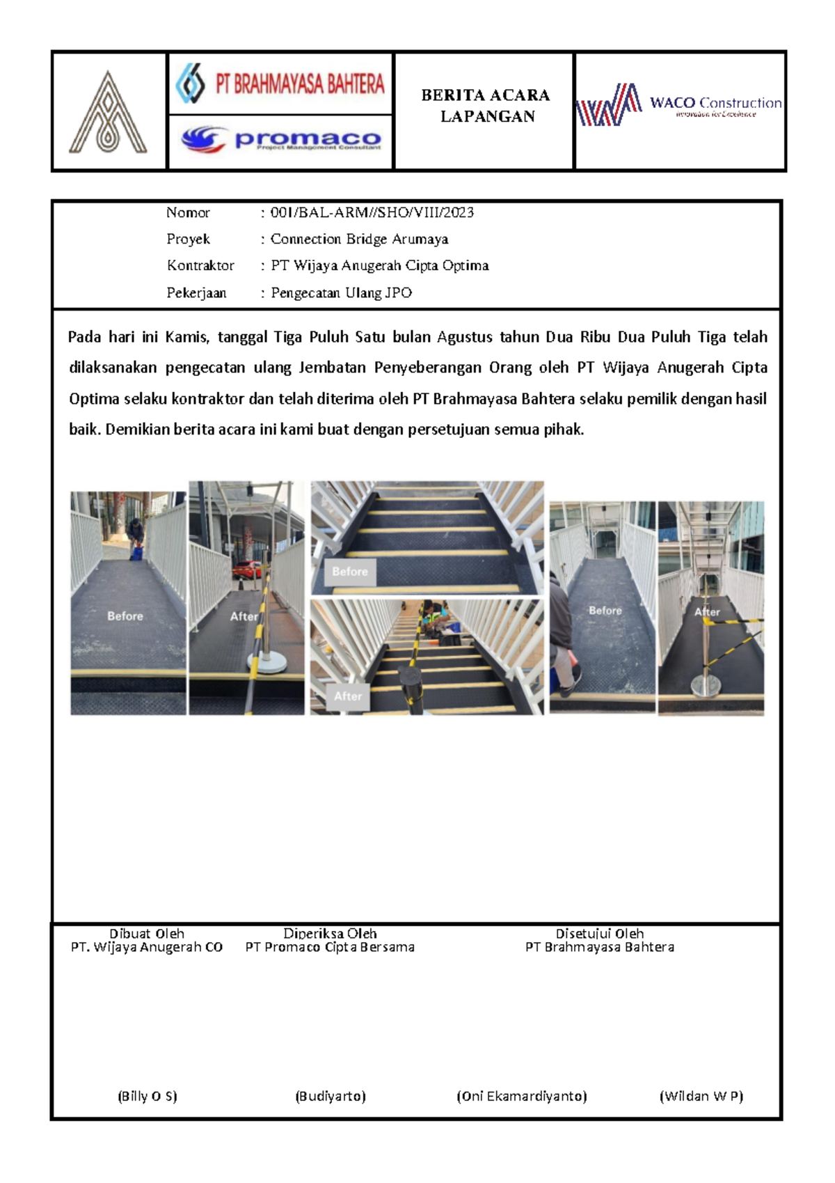 BA SHO - Pengecatan Ulang JPO - BERITA ACARA LAPANGAN Nomor : 001 /BAL ...