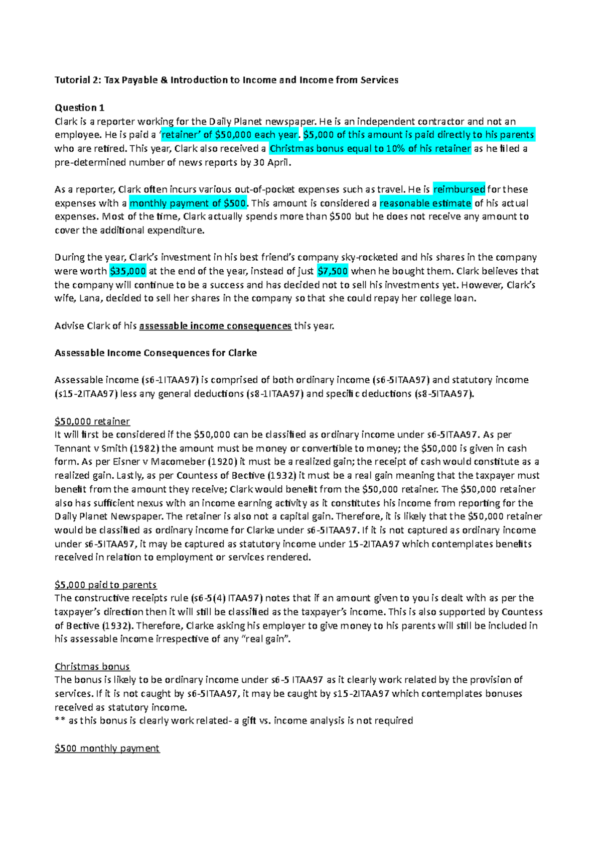 Tutorial 2- Assessable Income with answers - Tutorial 2: Tax Payable ...