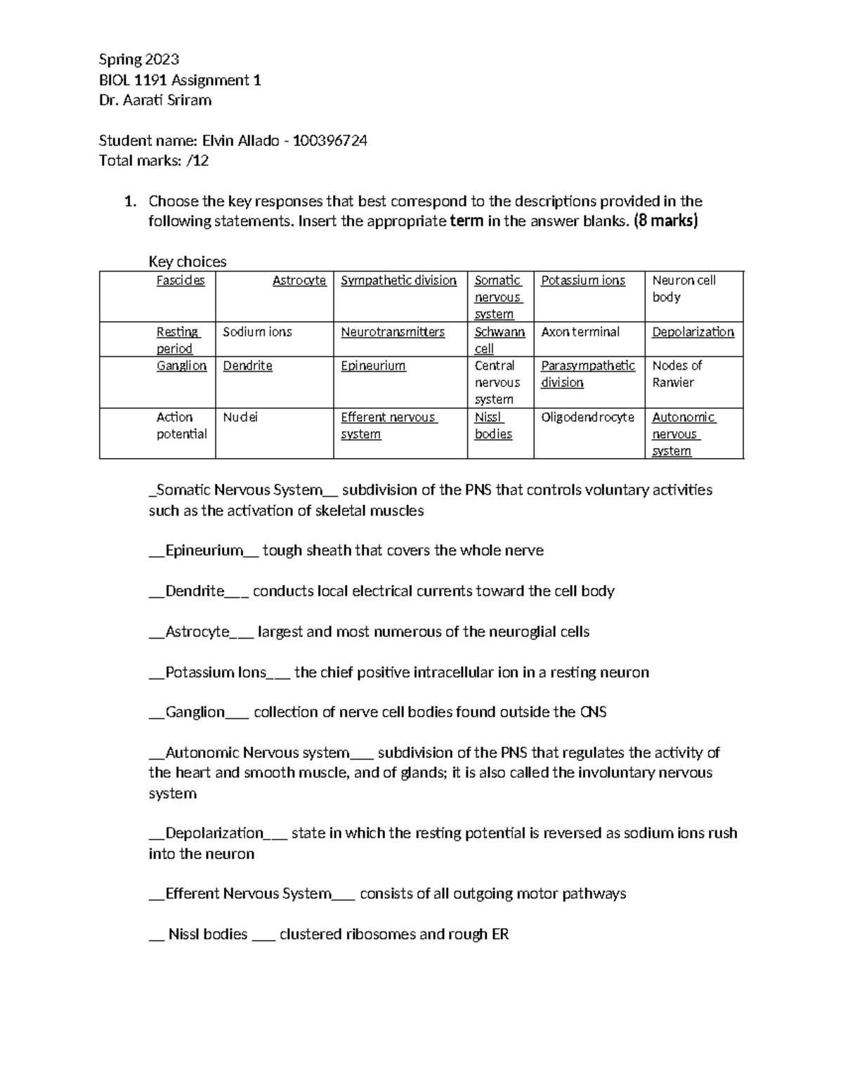 BIOL 1191 Assignment 1 - Nervous Tissue - Spring 2023 BIOL 1191 ...