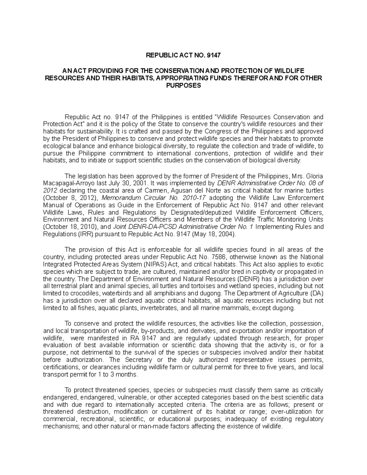 RA 9147 Notes REPUBLIC ACT NO 9147 AN ACT PROVIDING FOR THE