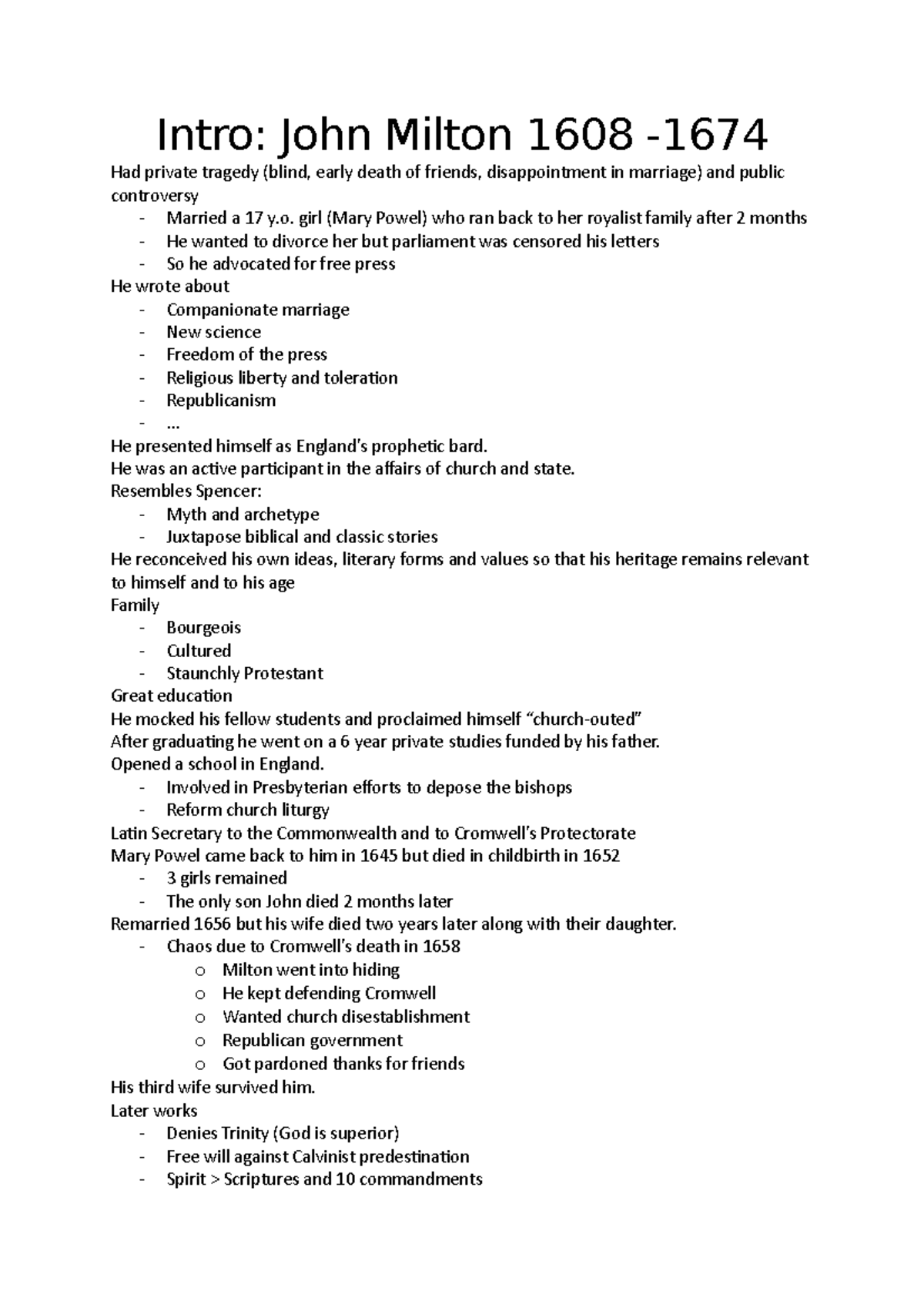 Intro Milton - Intro: John Milton 1608 - Had private tragedy (blind ...