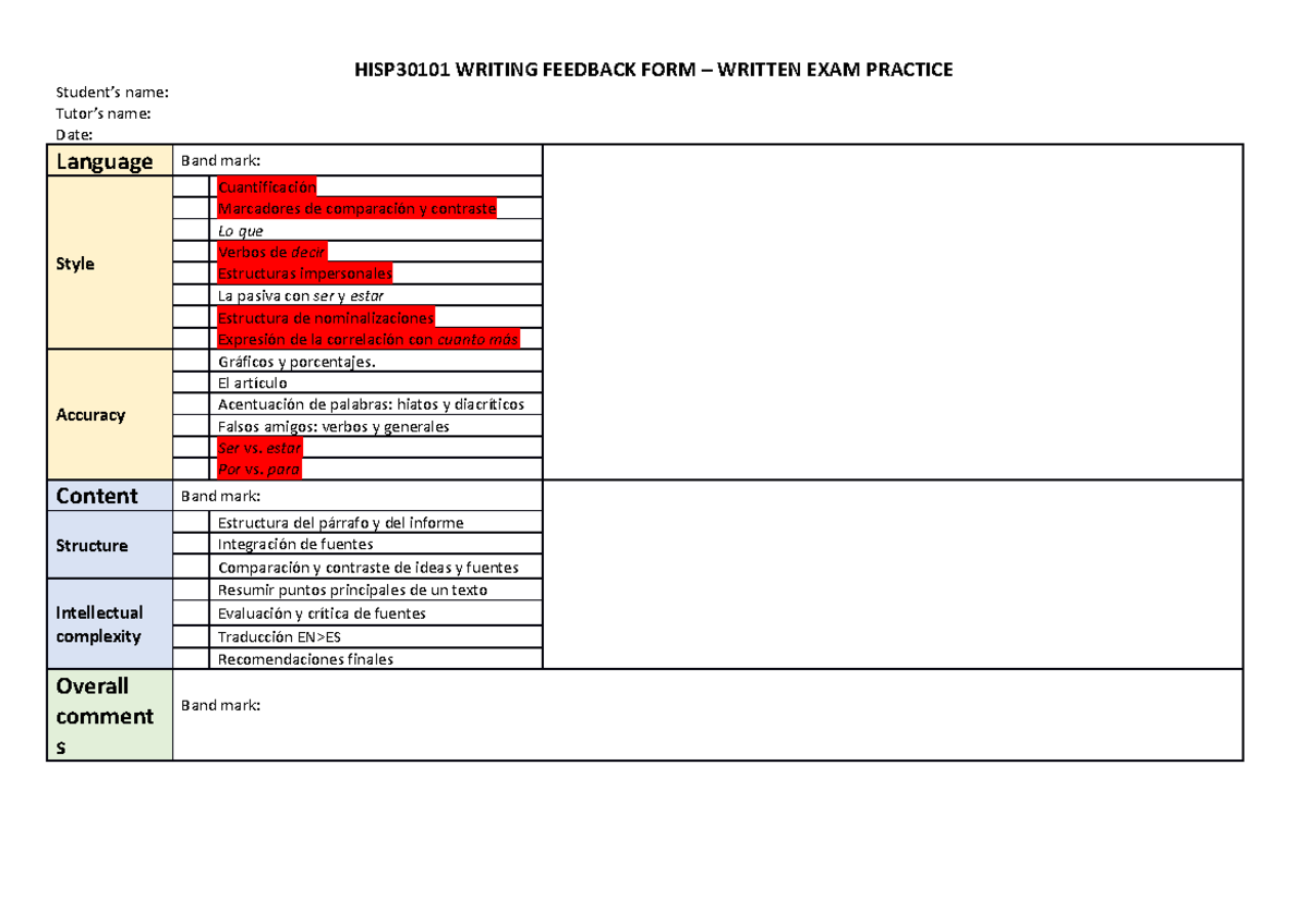 Writing Exam Checklist - HISP30101 WRITING FEEDBACK FORM – WRITTEN EXAM ...