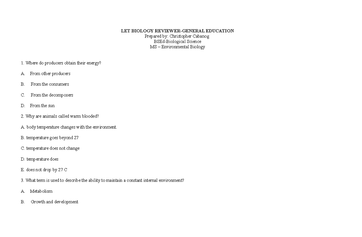 LET- Review-Questions - LET BIOLOGY REVIEWER-GENERAL EDUCATION Prepared ...