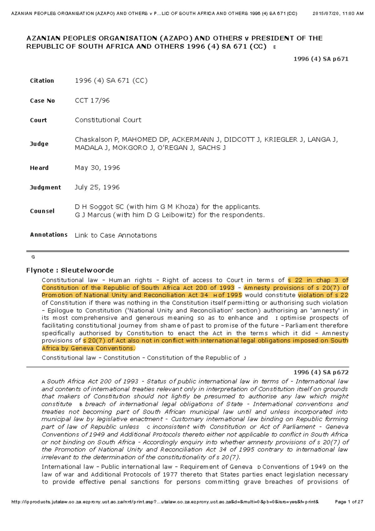 Azapo case term 4 - AZANIAN PEOPLES ORGANISATION (AZAPO) AND OTHERS v ...