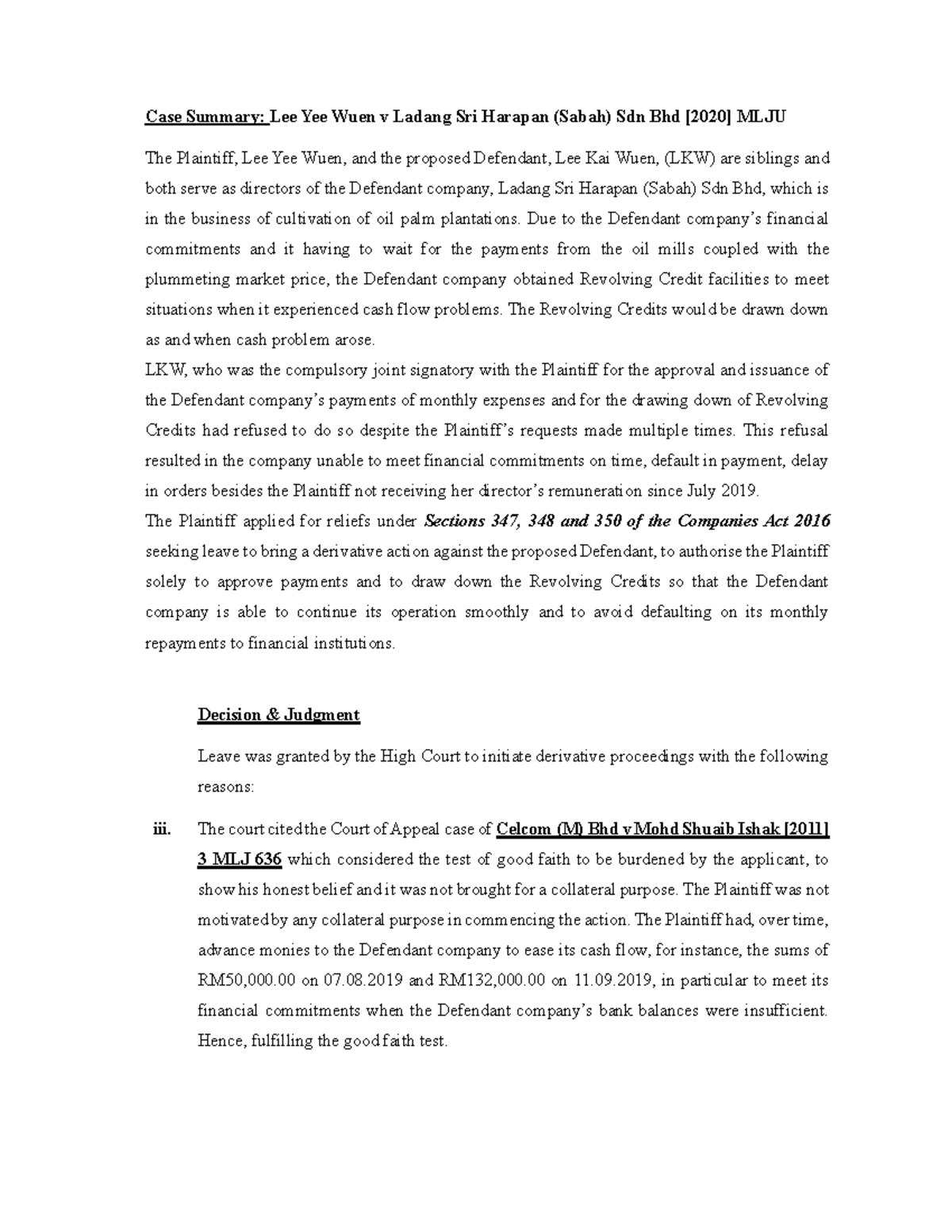 Case summary-Lee Yee Wuen v Ladang Sri Harapan (Sabah) Sdn Bhd [2020 ...