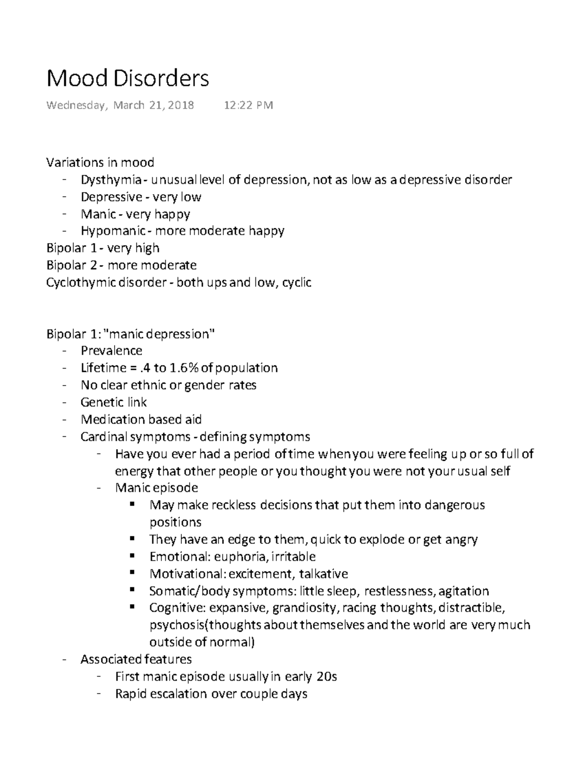 Mood Disorders - Lecture notes 21 - Mood Disorders Wednesday, March 21 ...