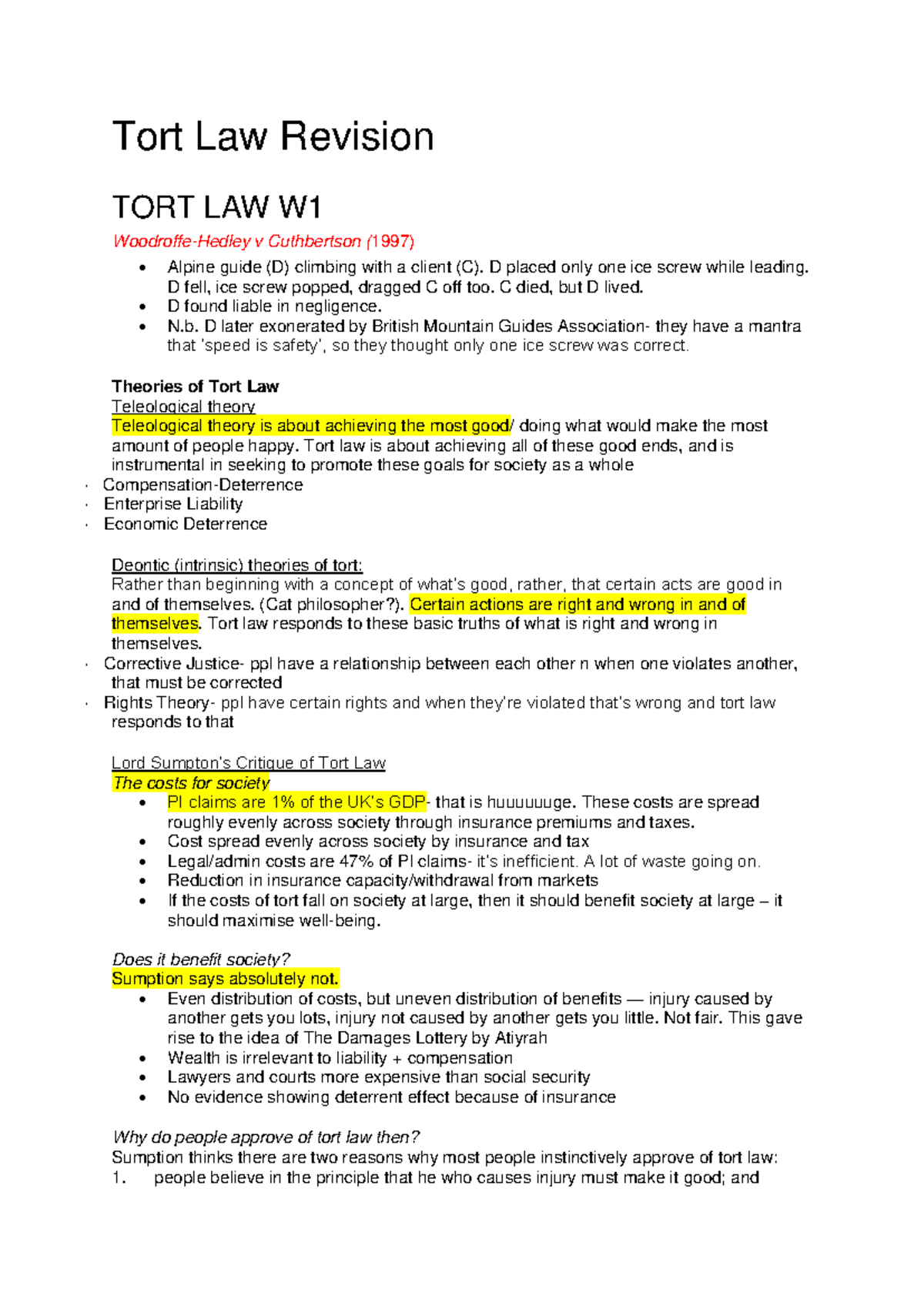 TL - Summary Law of Torts - Tort Law Revision TORT LAW W Woodroffe-Hedley v Cuthbertson (1997 ...