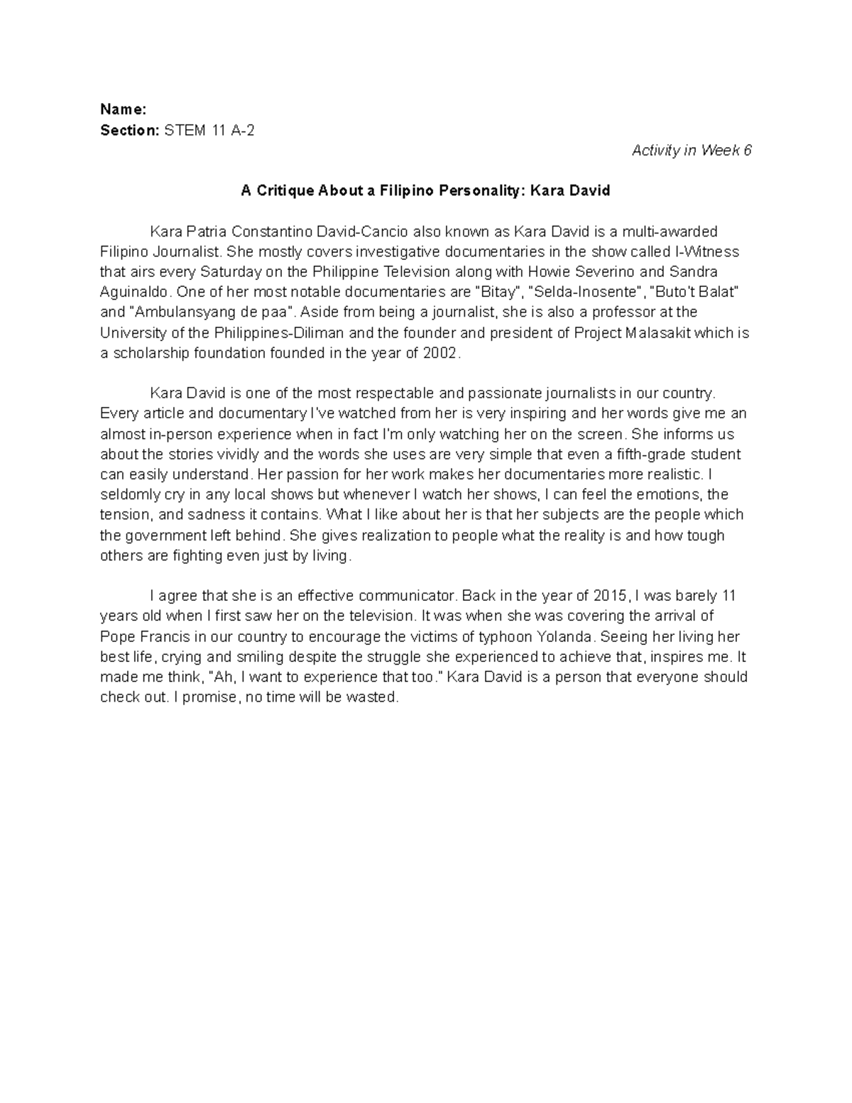 Critique Paper - Filipino Personality (Kara David) - Name: Section ...