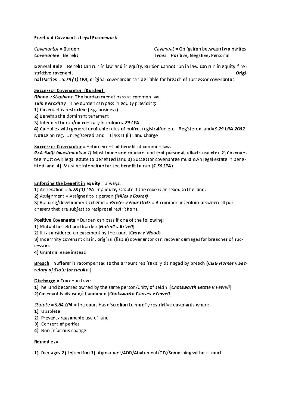 Land Law Notes Intro 1 (Freehold Covenants and framework) Ian ...