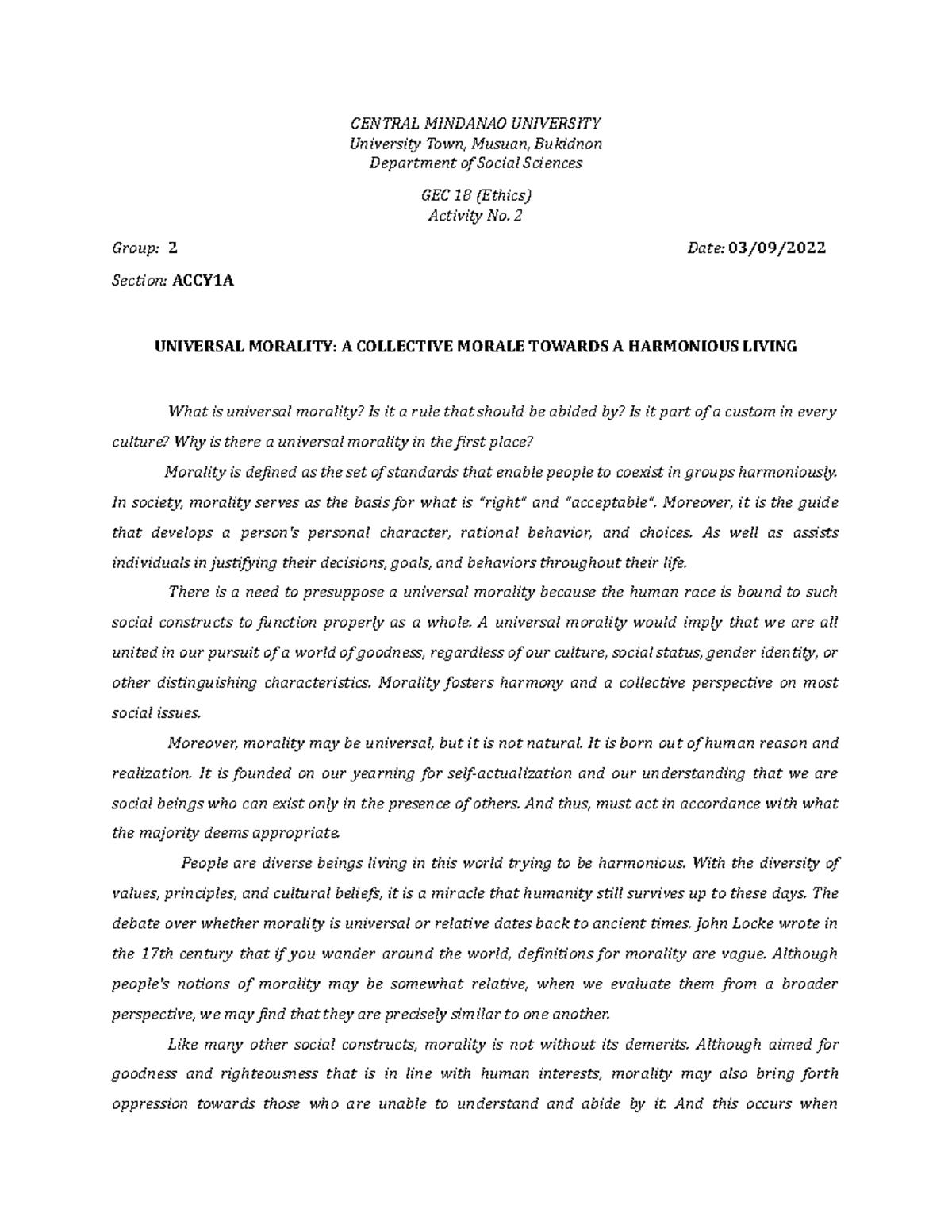 Activity2 in Ethics - CENTRAL MINDANAO UNIVERSITY University Town ...