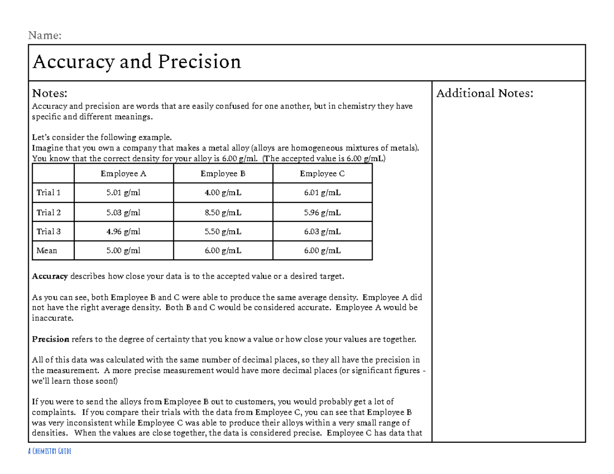 1 - HAVE ALL A - Name: Accuracy and Precision Notes: Accuracy and ...