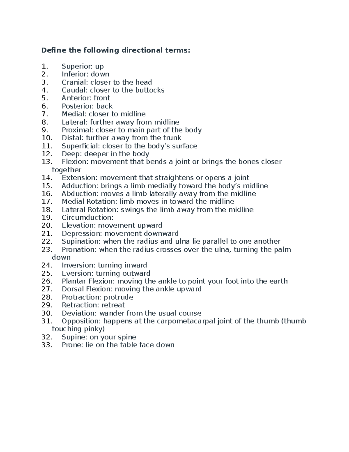 Worksheet 2 Directional Terms Anatomical Position Define The