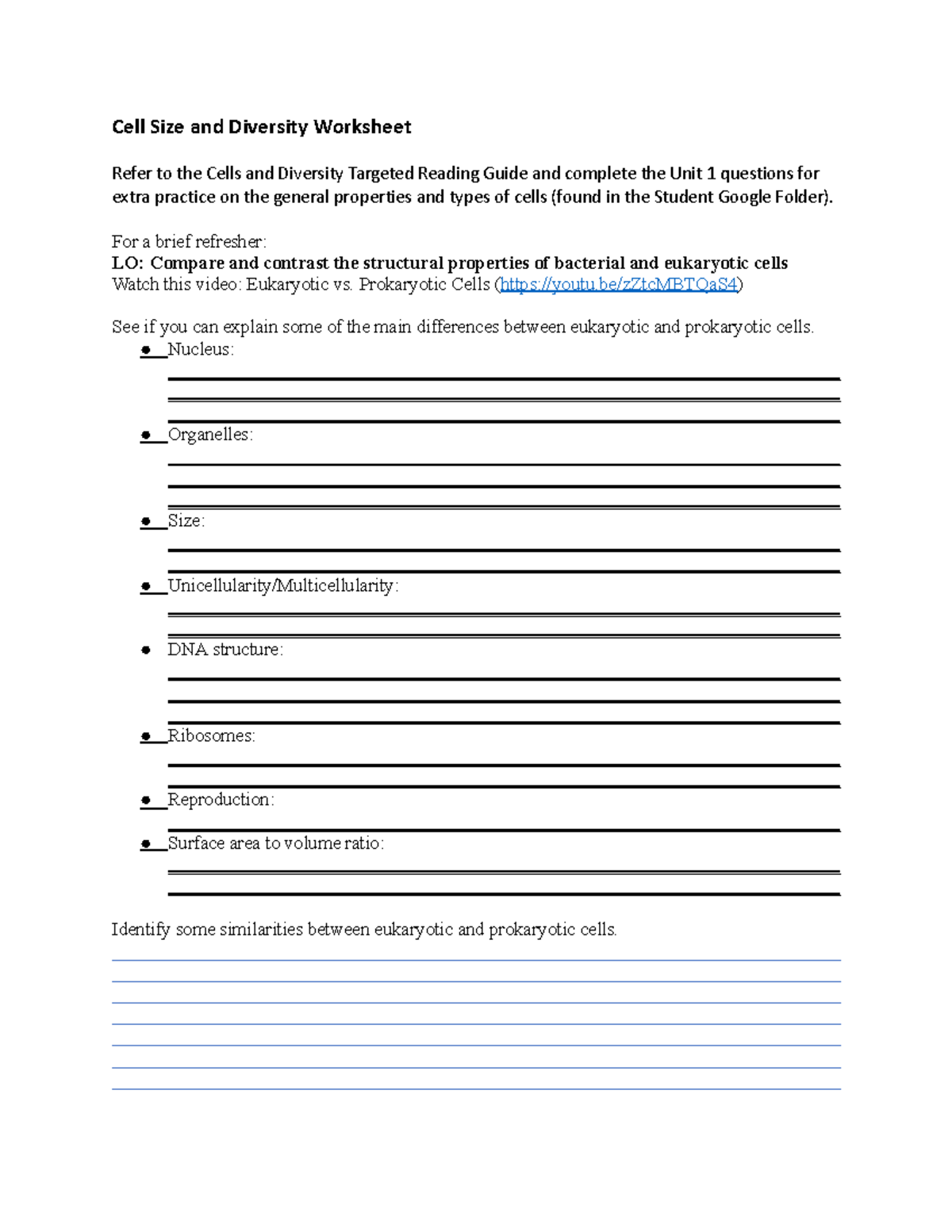 Cell Size and Diversity - Worksheet - Cell Size and Diversity Worksheet ...