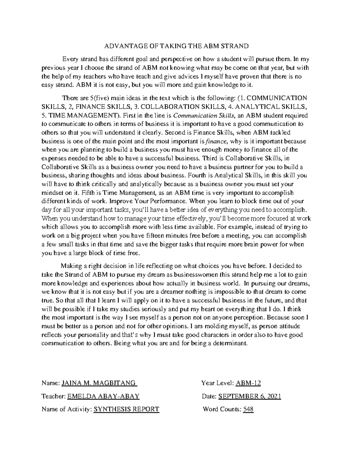 ABM-12 12345678 - ADVANTAGE OF TAKING THE ABM STRAND Every strand has ...