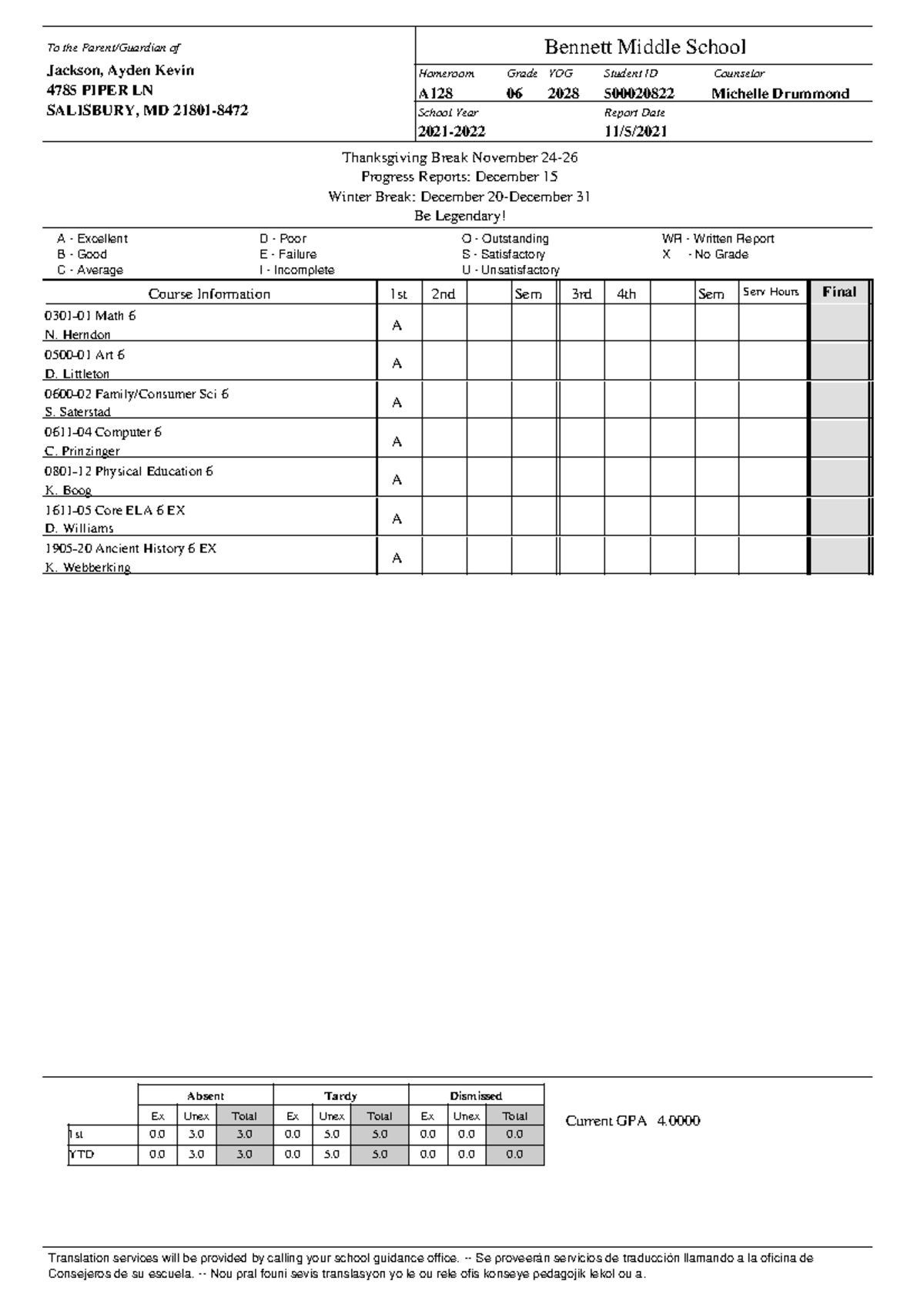 Report Card- Middle School - Course Information Final To the Parent ...
