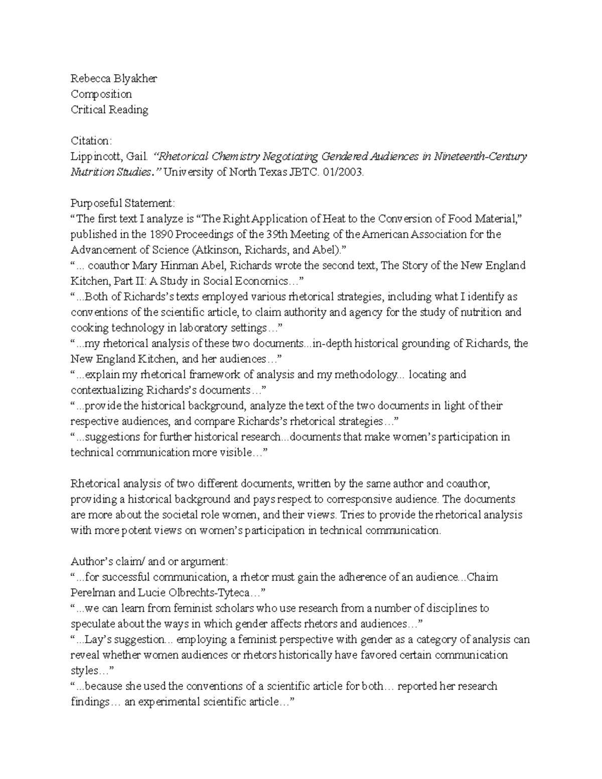 Critical Reading Worksheet 3 - Rebecca Blyakher Composition Critical ...