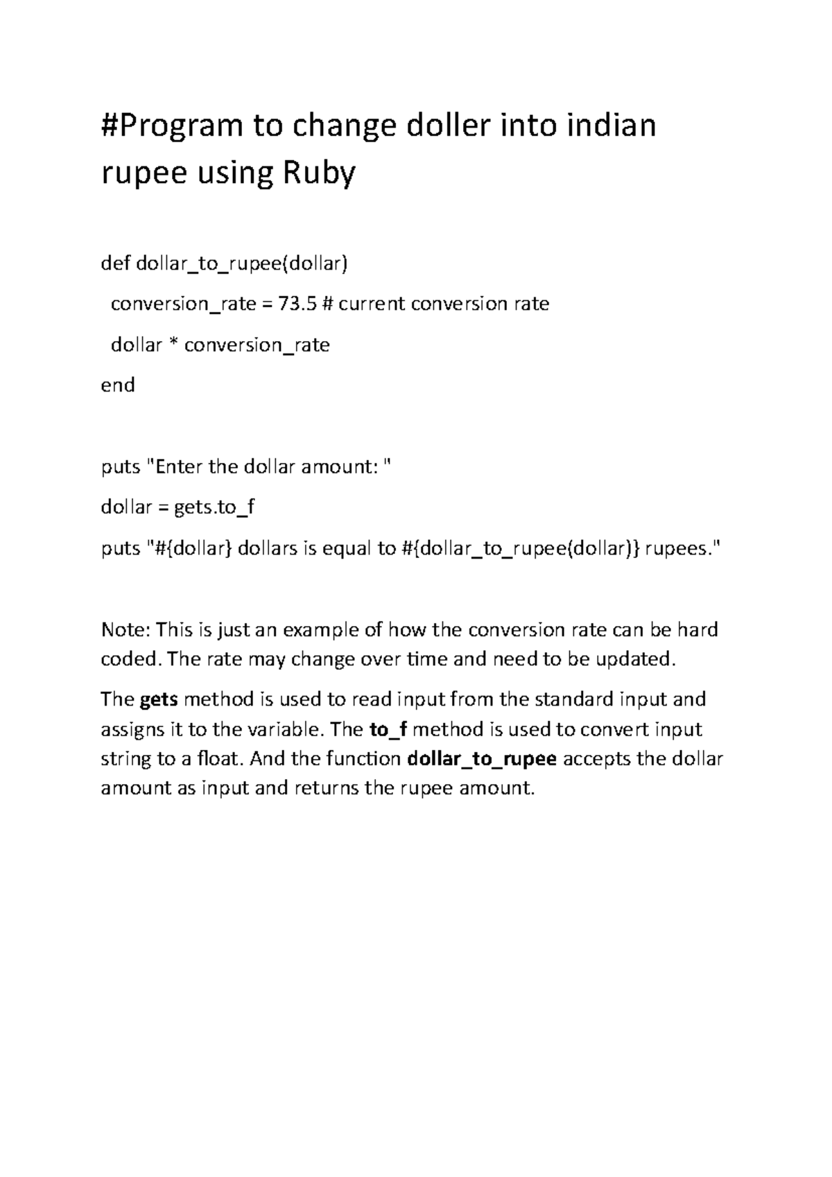 USDto INR-Ruby - Program to convert the currency from usd to Indian rupees using RUBY - #Program ...