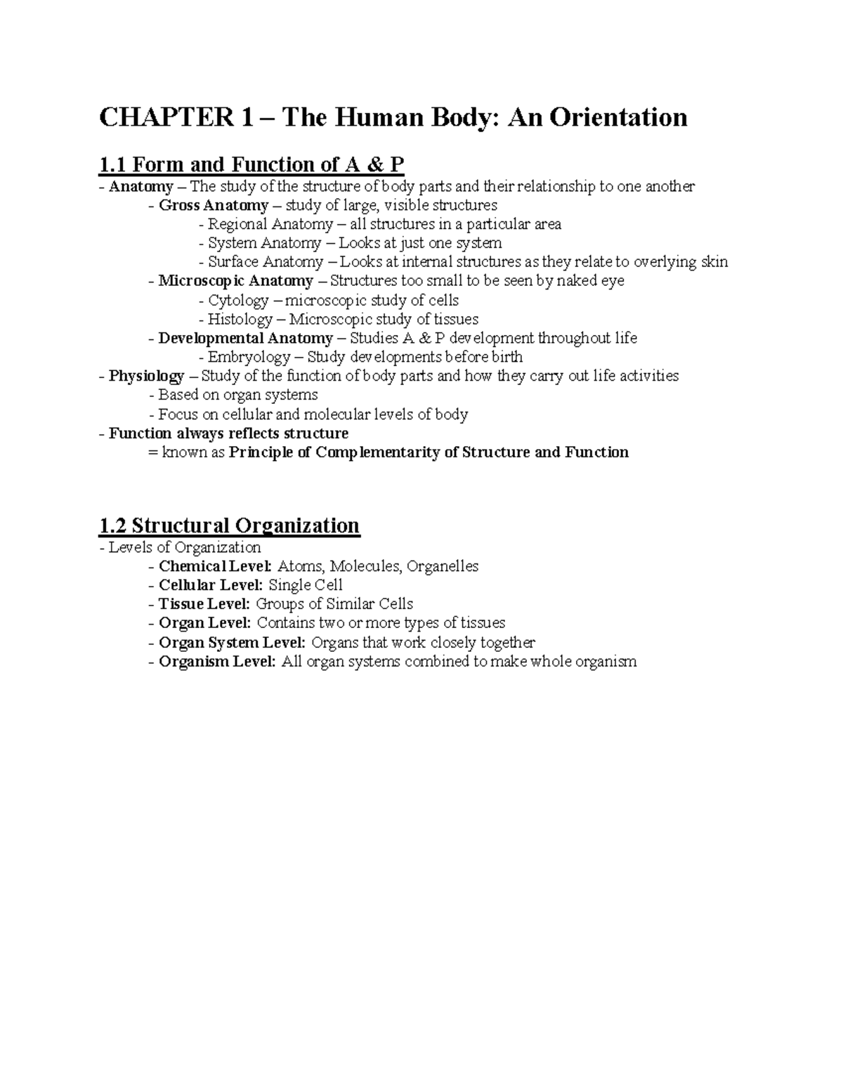 Chapter 1 Typed Notes CHAPTER 1 The Human Body An Orientation 1 Form