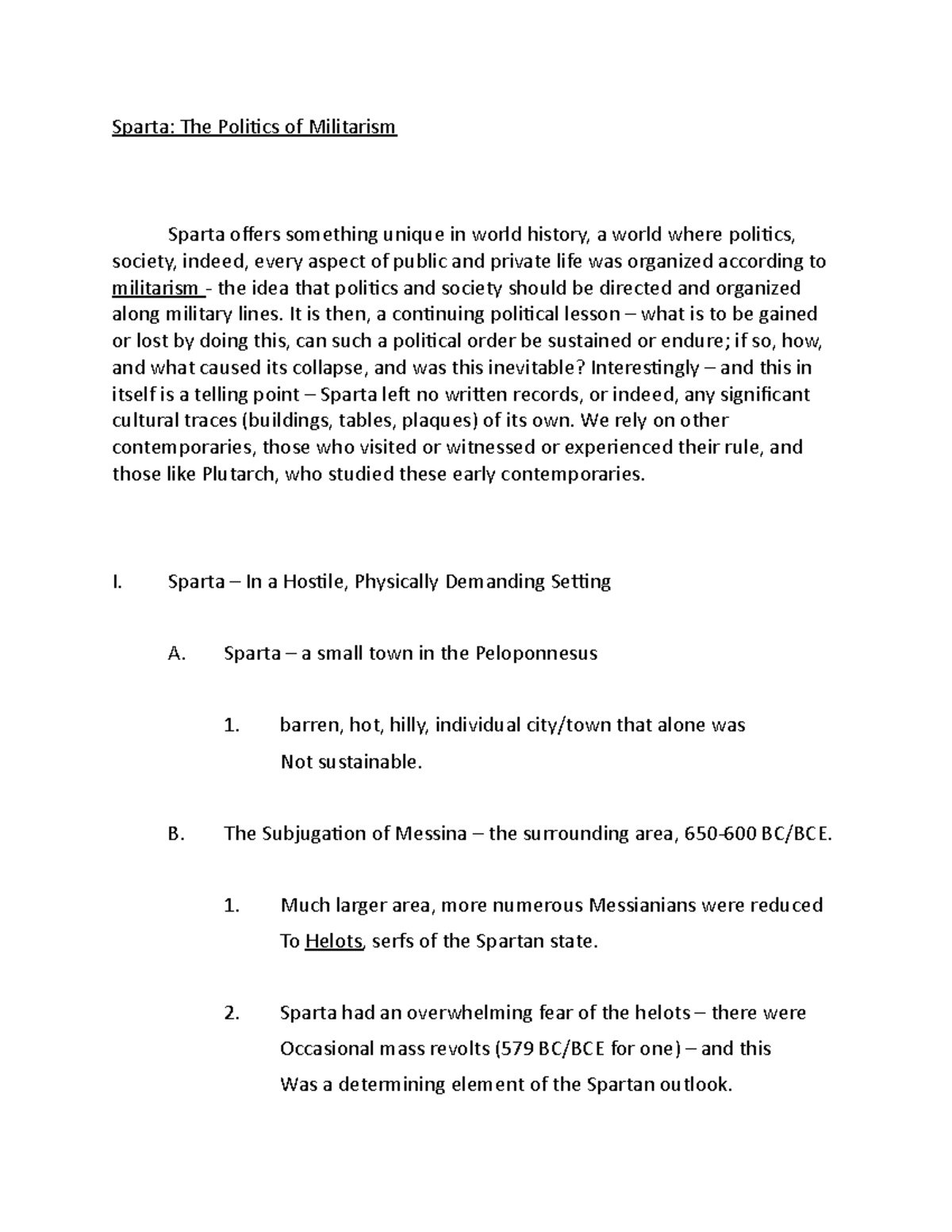 Sparta Notes for POS347 - Sparta: The Poliics of Militarism Sparta ...