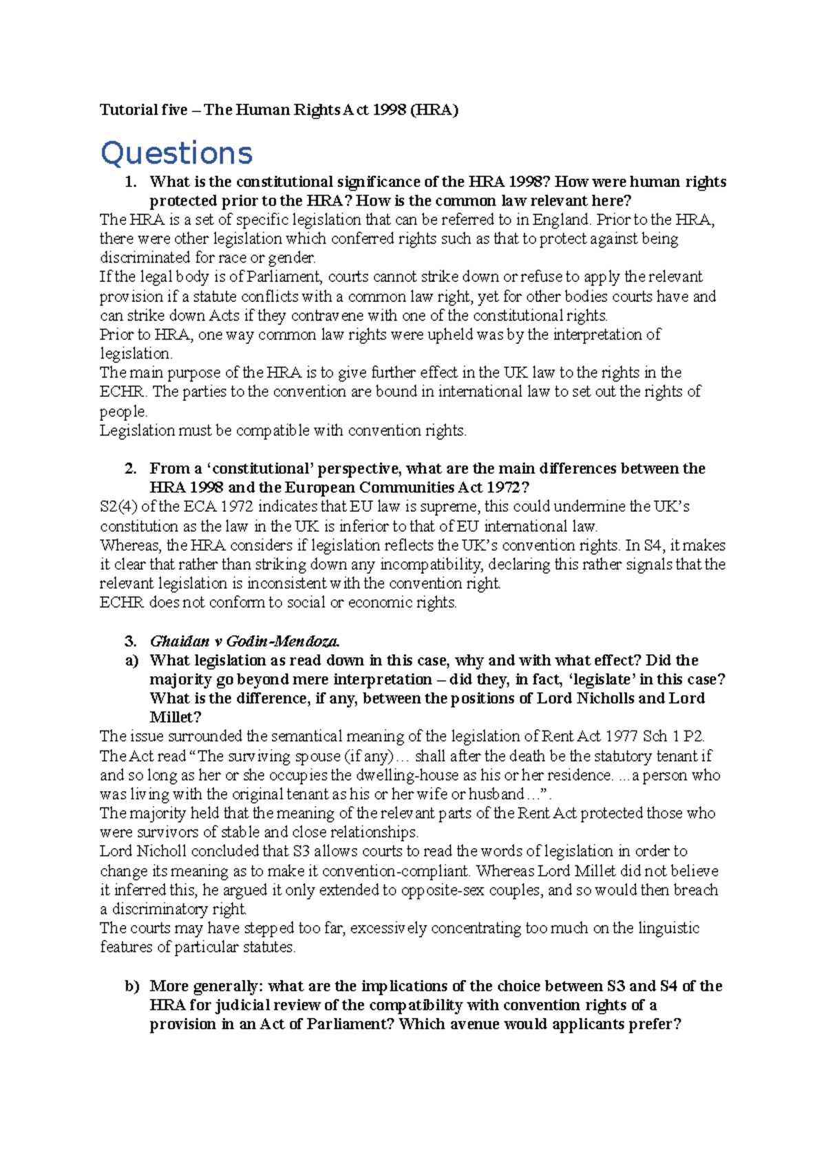 HRA - Questions - Tutorial five – The Human Rights Act 1998 (HRA) Quest ...