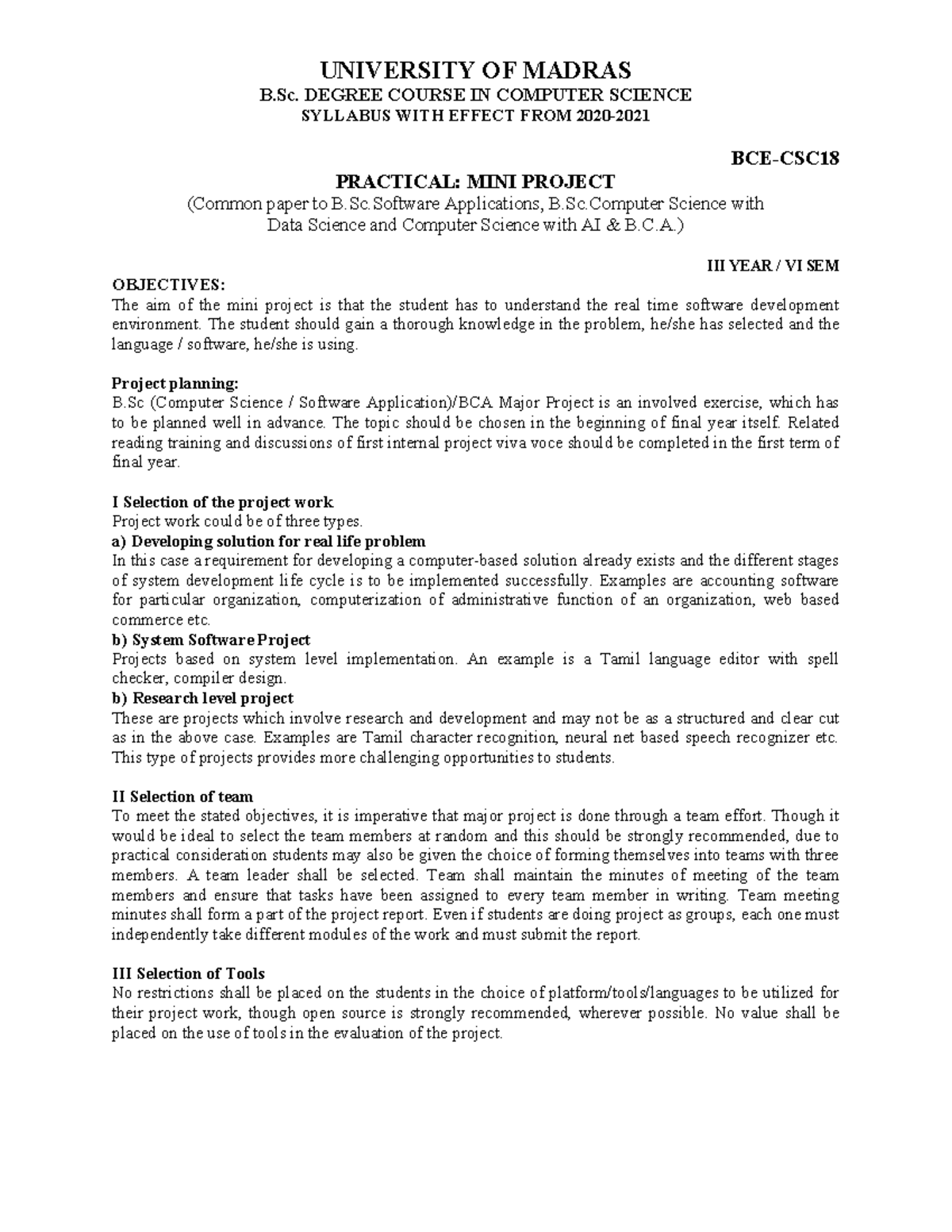 Mini project format - UNIVERSITY OF MADRAS B. DEGREE COURSE IN COMPUTER SCIENCE SYLLABUS WITH ...
