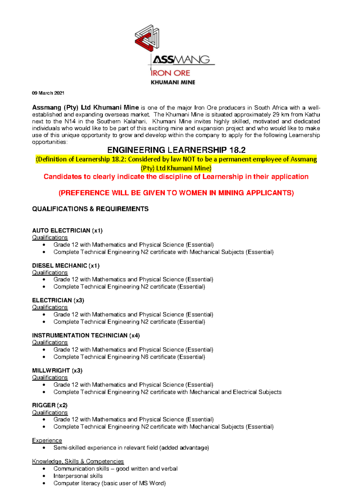 collective bargaining - 09 March 2021 Assmang (Pty) Ltd Khumani Mine is ...