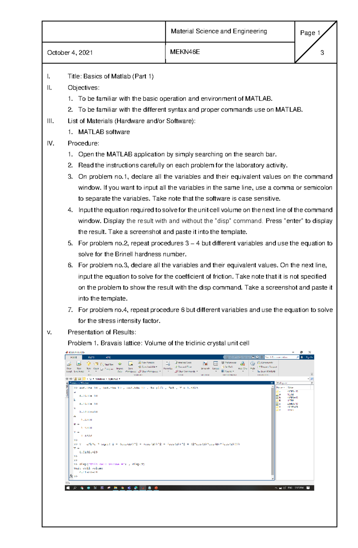 Laboratory output- Basic of matlab - Programming Languages - Studocu