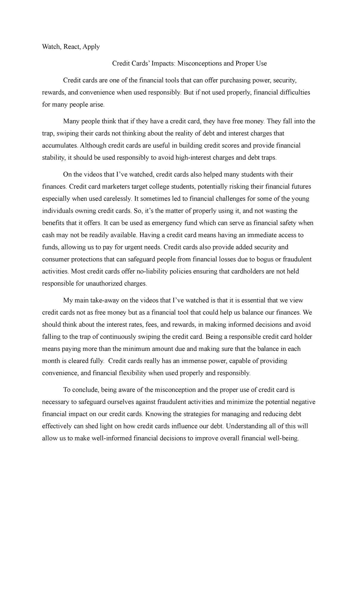 Credits- short essay - Watch, React, Apply Credit Cards’ Impacts ...