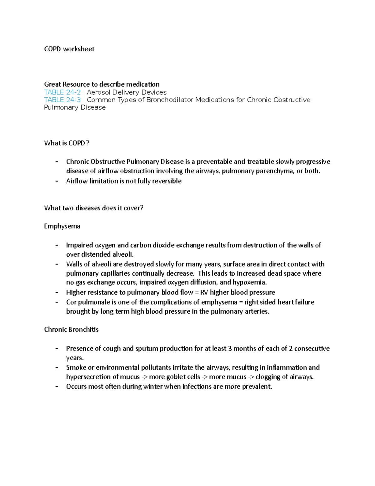 COPD worksheet - notes - COPD worksheet Great Resource to describe ...