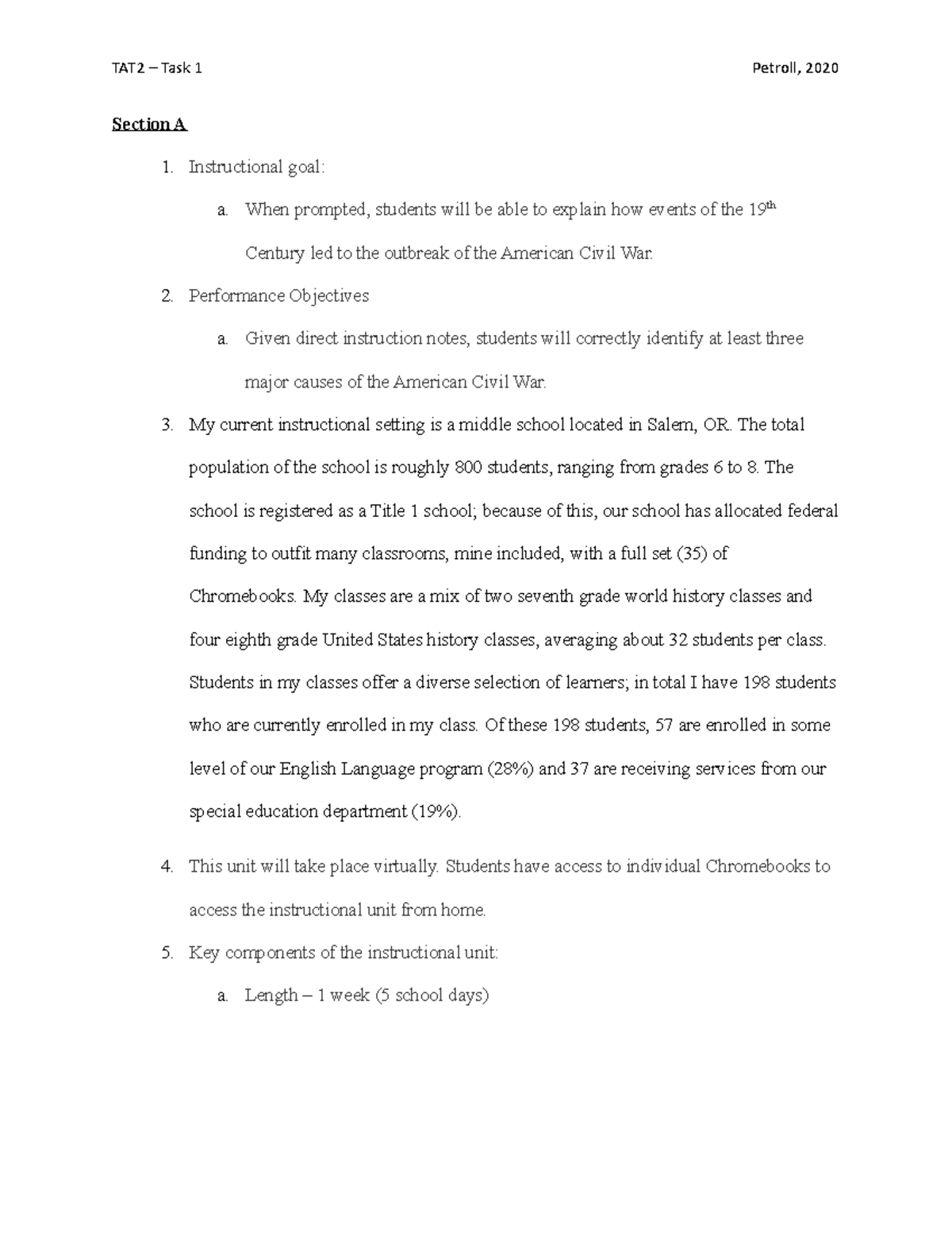 TAT2 Task 1 - Task 1 Assessment (WGU - Spring 2020) - Section A 1 ...