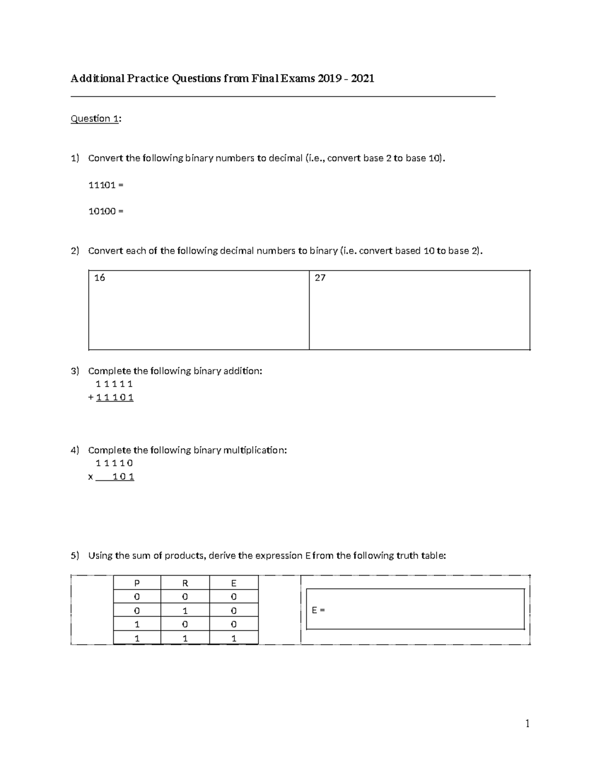 Additional Practice Questions Convert Base 2 To Base 10 11101