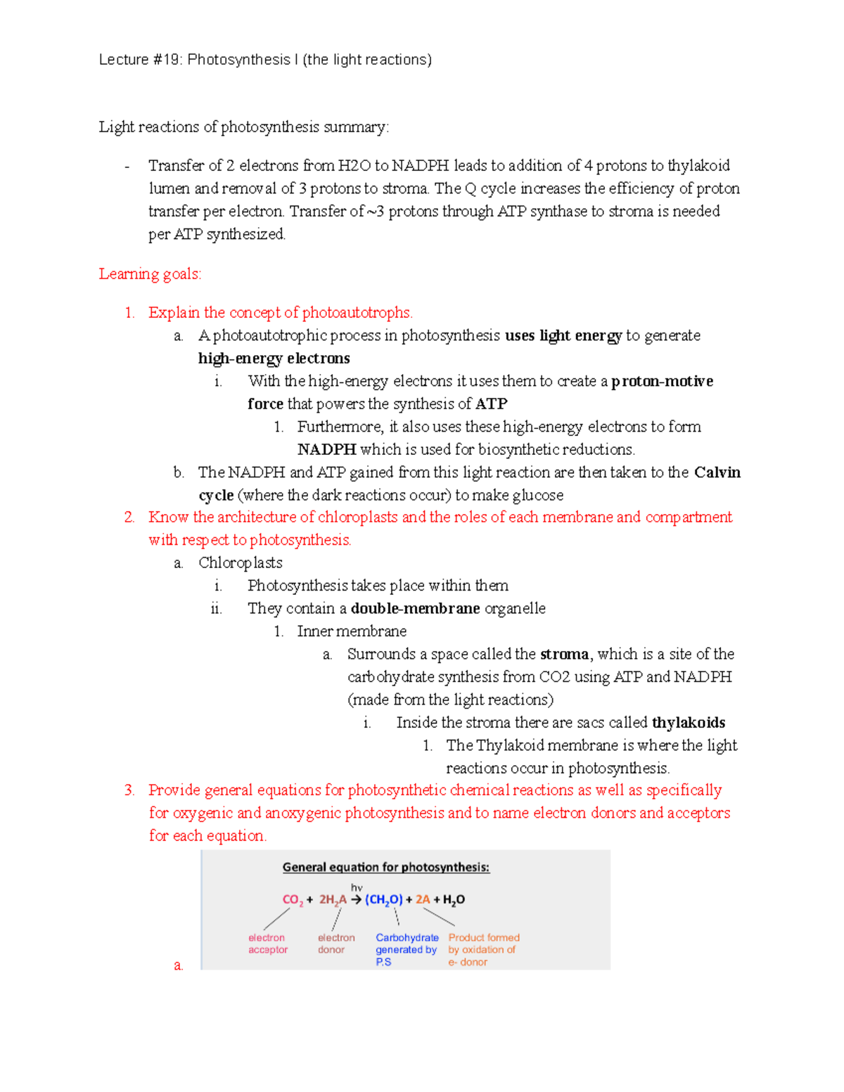 Lecture #19 and #20 Photosynthesis - Lecture #19: Photosynthesis I (the ...