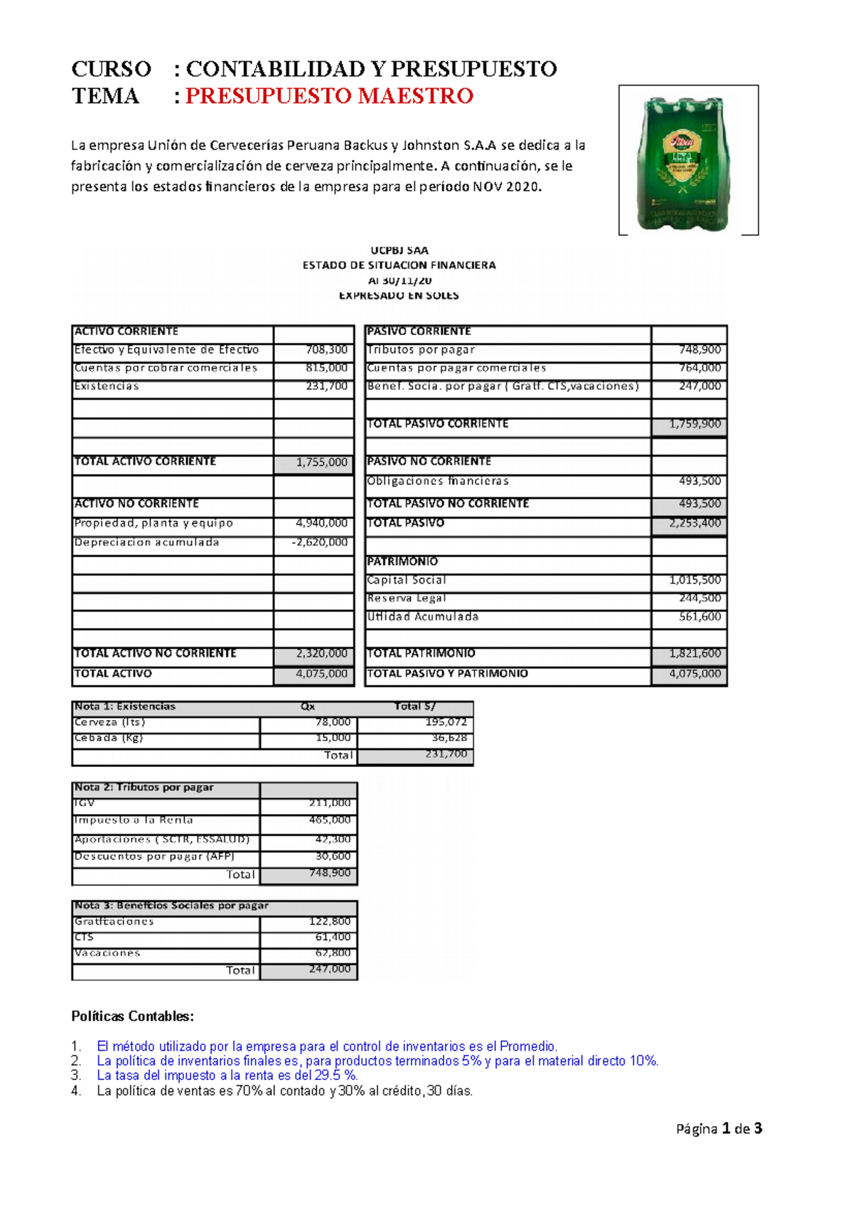 PD PM - Backus Resumen contable - CURSO : CONTABILIDAD Y PRESUPUESTO TEMA : PRESUPUESTO MAESTRO ...