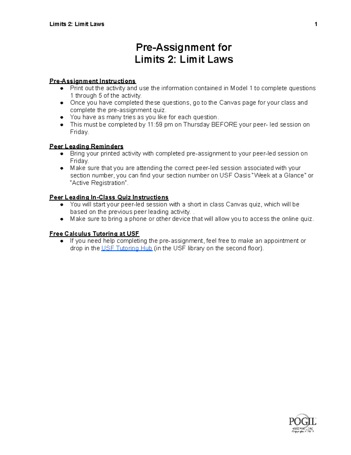 L2 Limit Laws-1 - Pre-Assignment for Limits 2: Limit Laws Pre-Assignment Instructions Print out ...