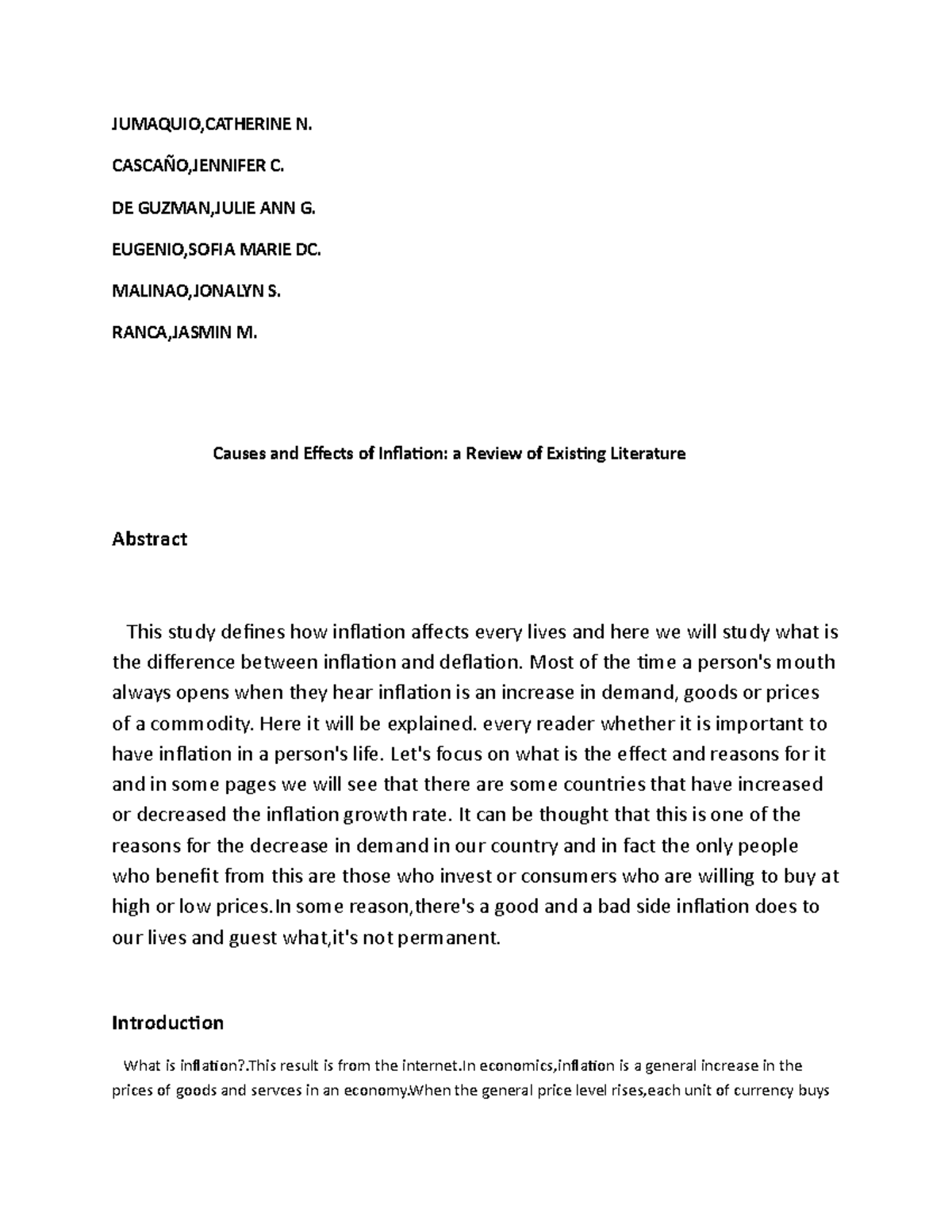 Causes and Effects of Inflation a Review of Existing Literature(Gr.12 ...